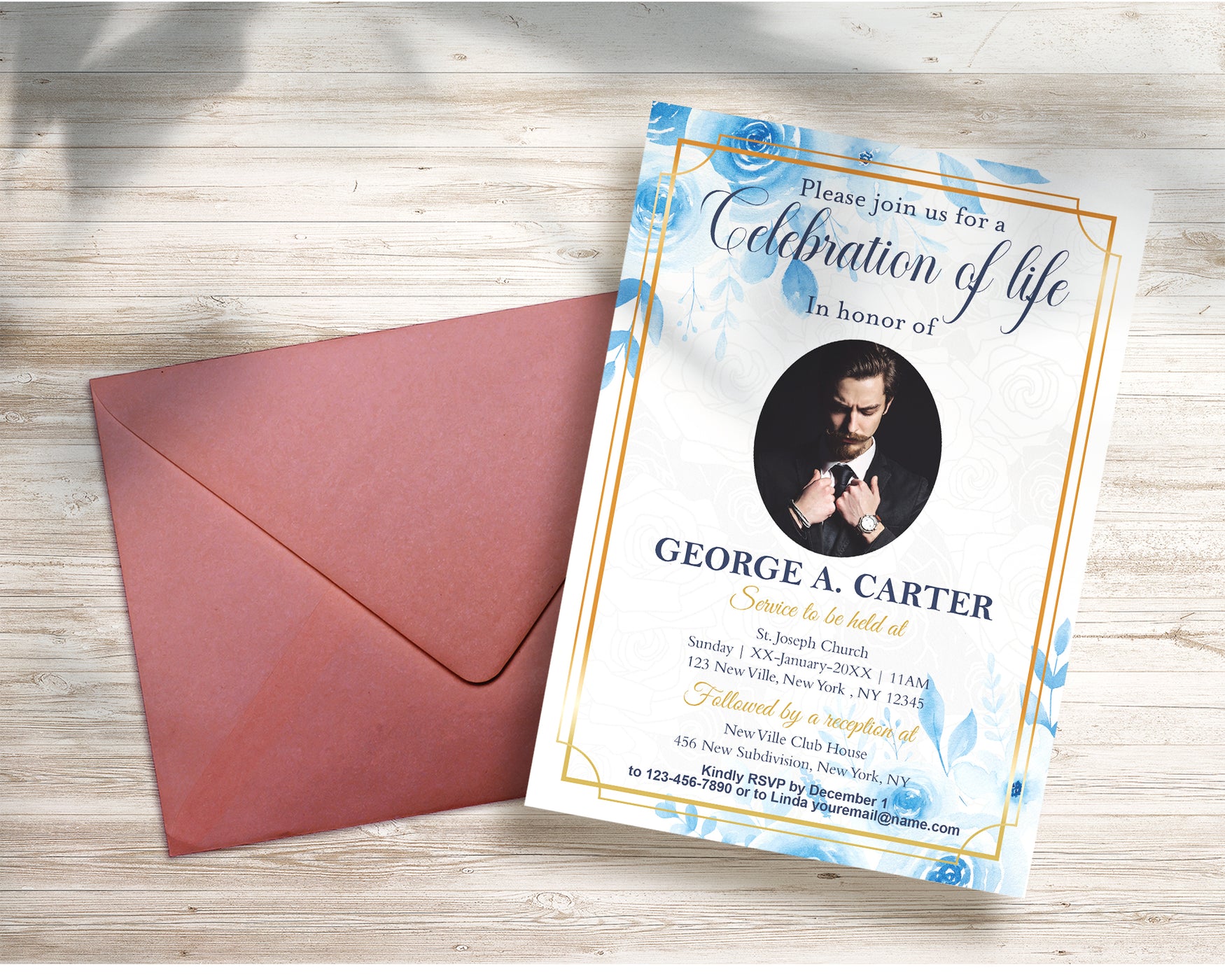 Editable Blue Funeral Program Announcement & Invite Template — Posh Park