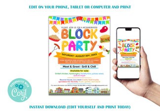 Editable Block Party Invitation Announcement Flyer — Posh Park