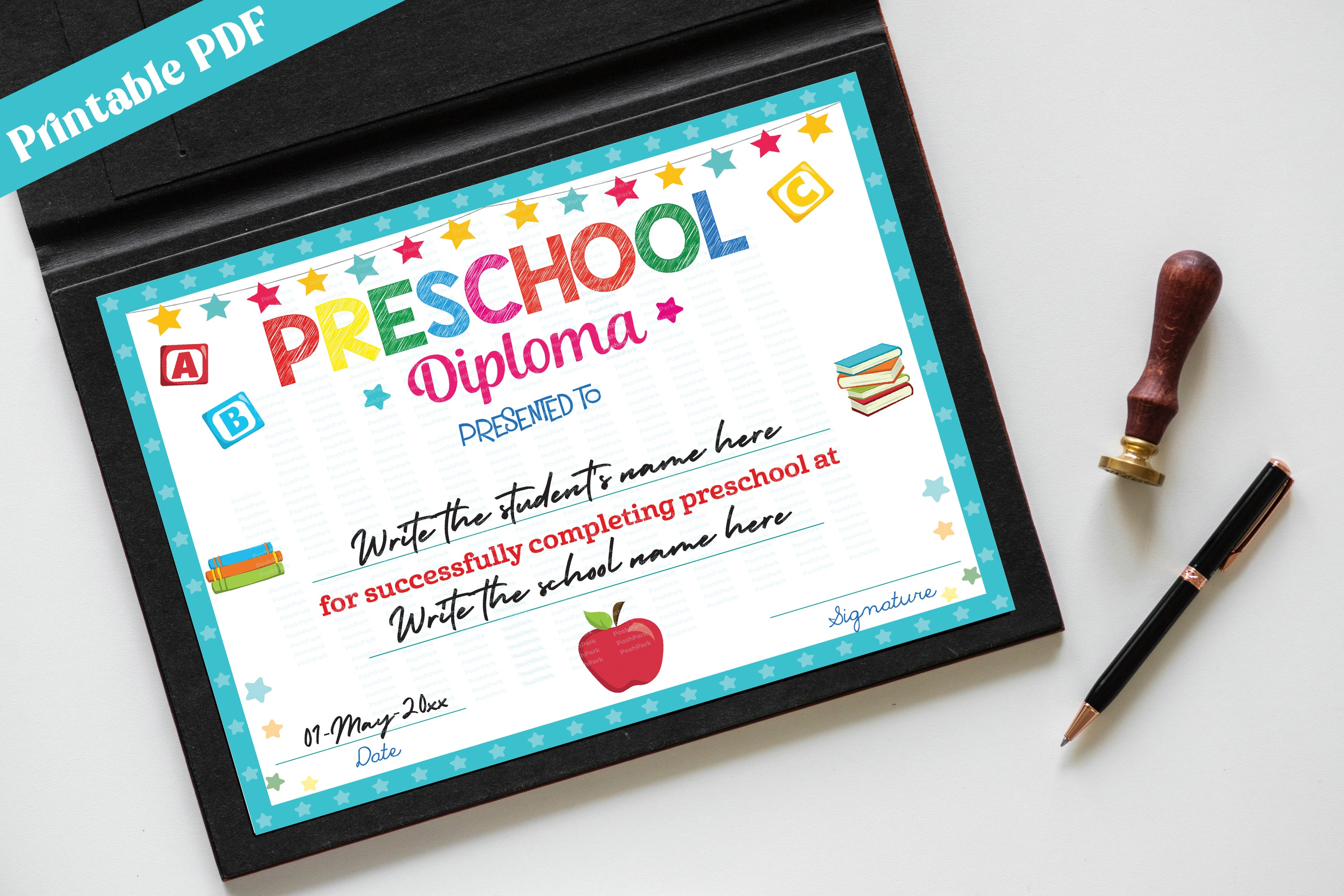 Printable Preschool Certificate Template Blue Border, PDF Preschool Di ...