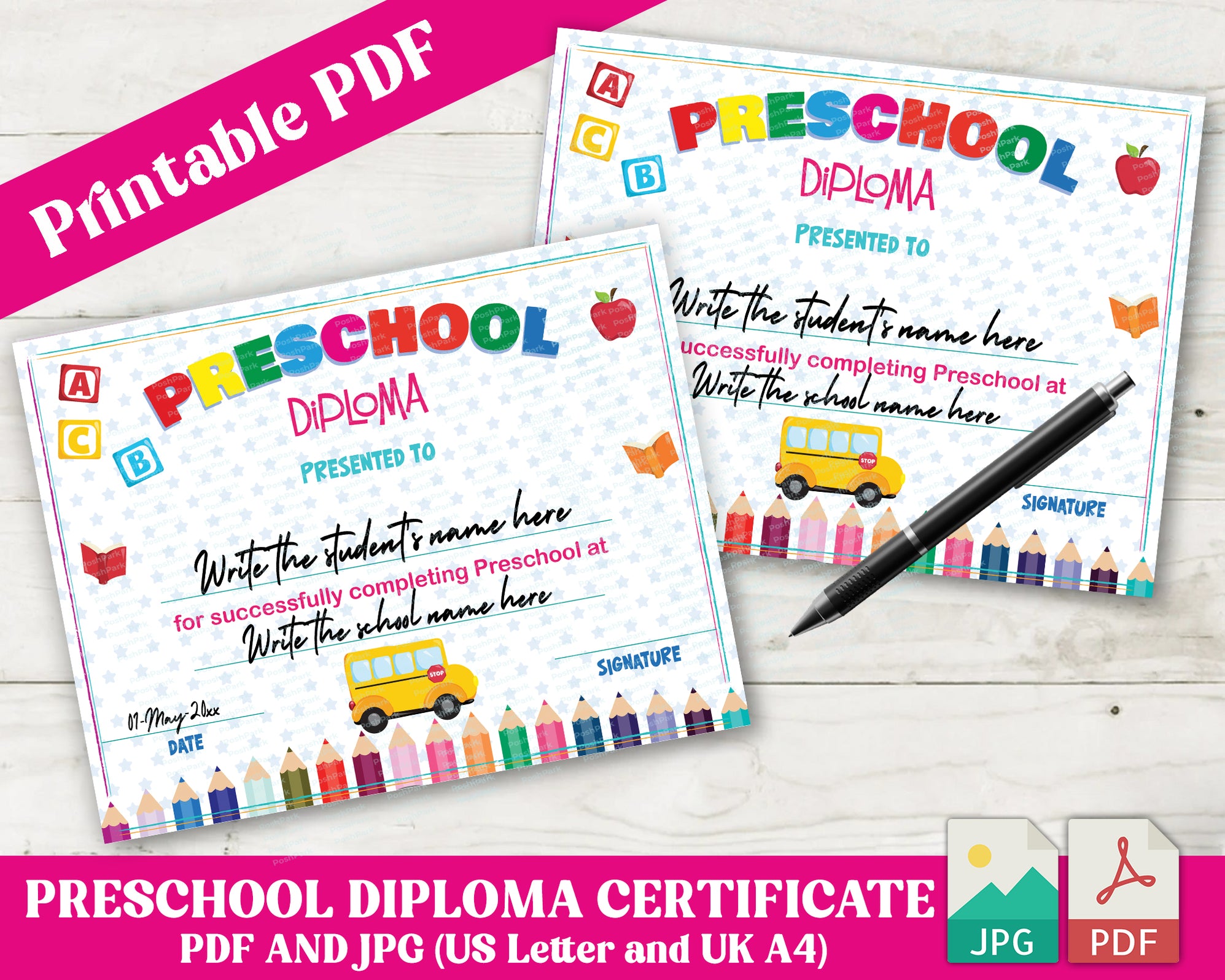 Printable Preschool Certificate White Background Star Template, PDF Pr ...