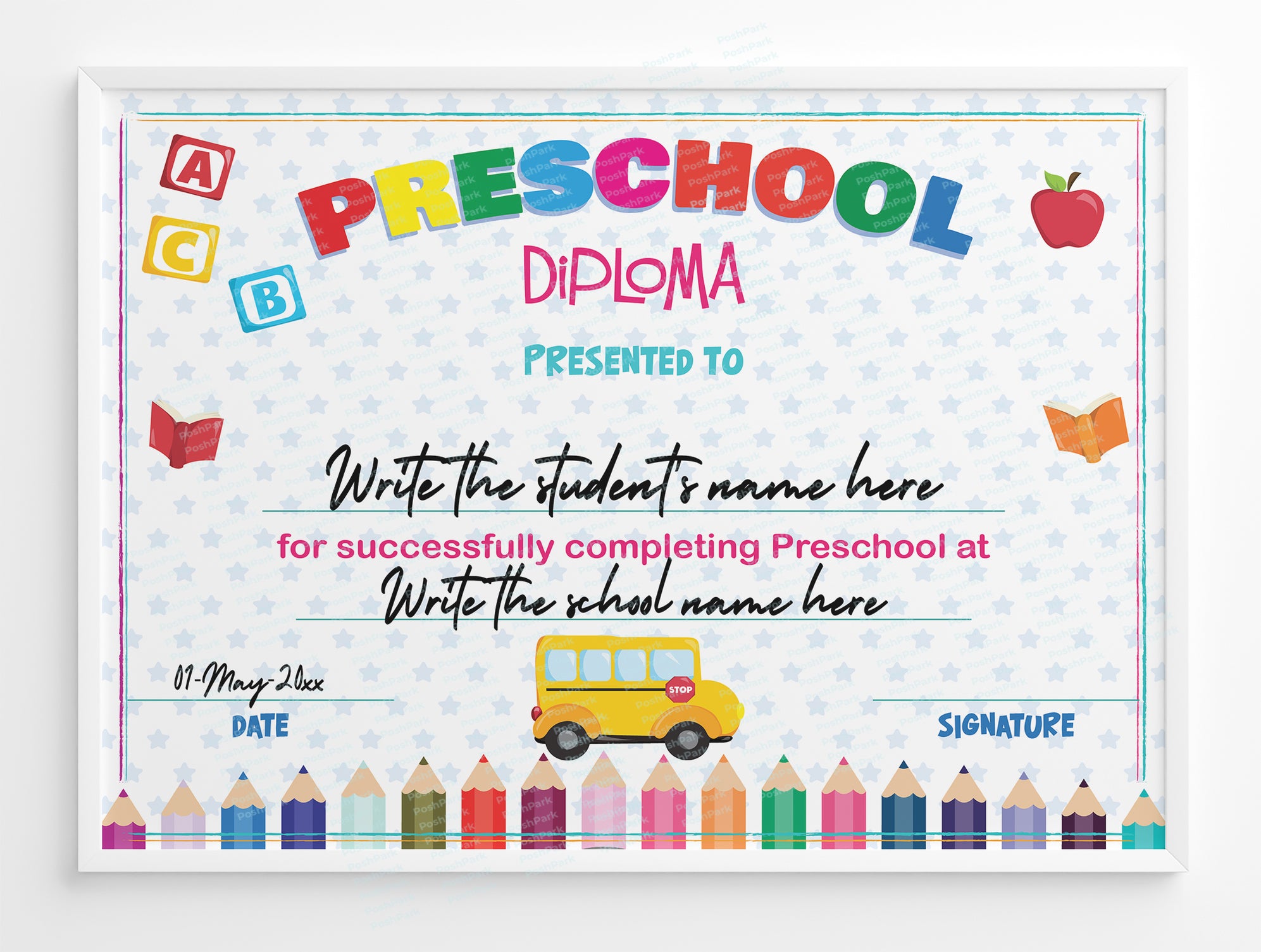 Printable Preschool Certificate White Background Star Template, PDF Pr ...