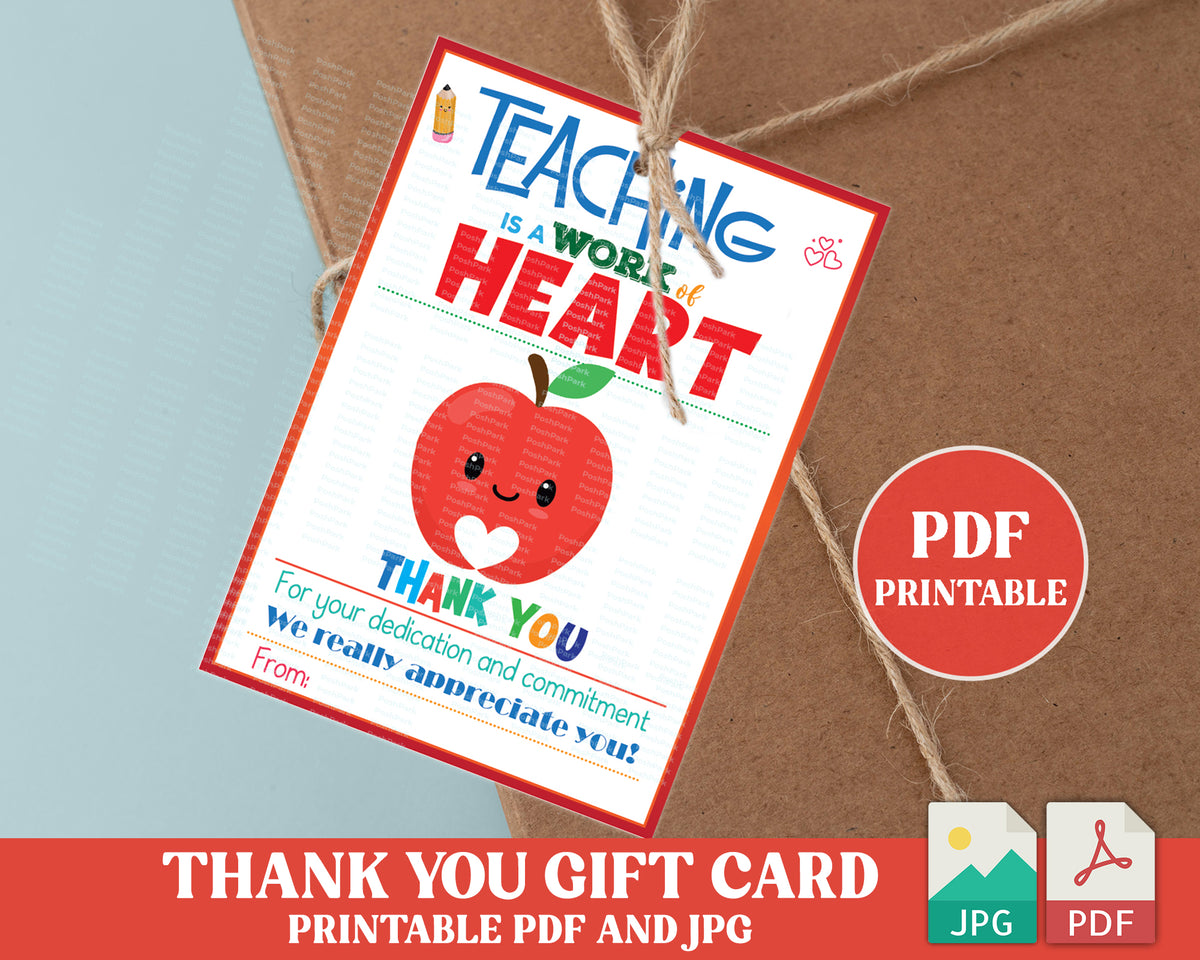 Printable Teaching is a Work of Heart Tag, PDF Cute Teacher Thank You ...