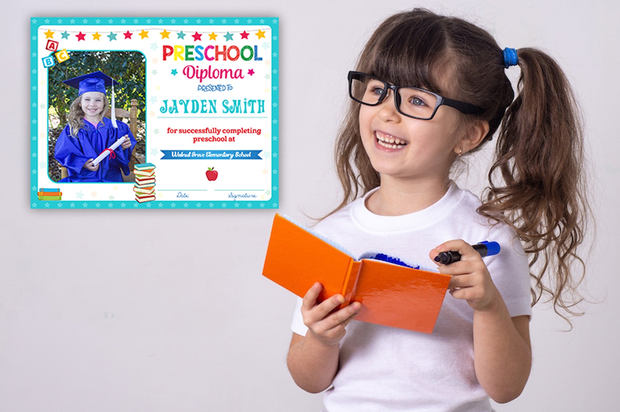 Editable Preschool Diploma with Picture, Blue Border Star Preschool Di ...