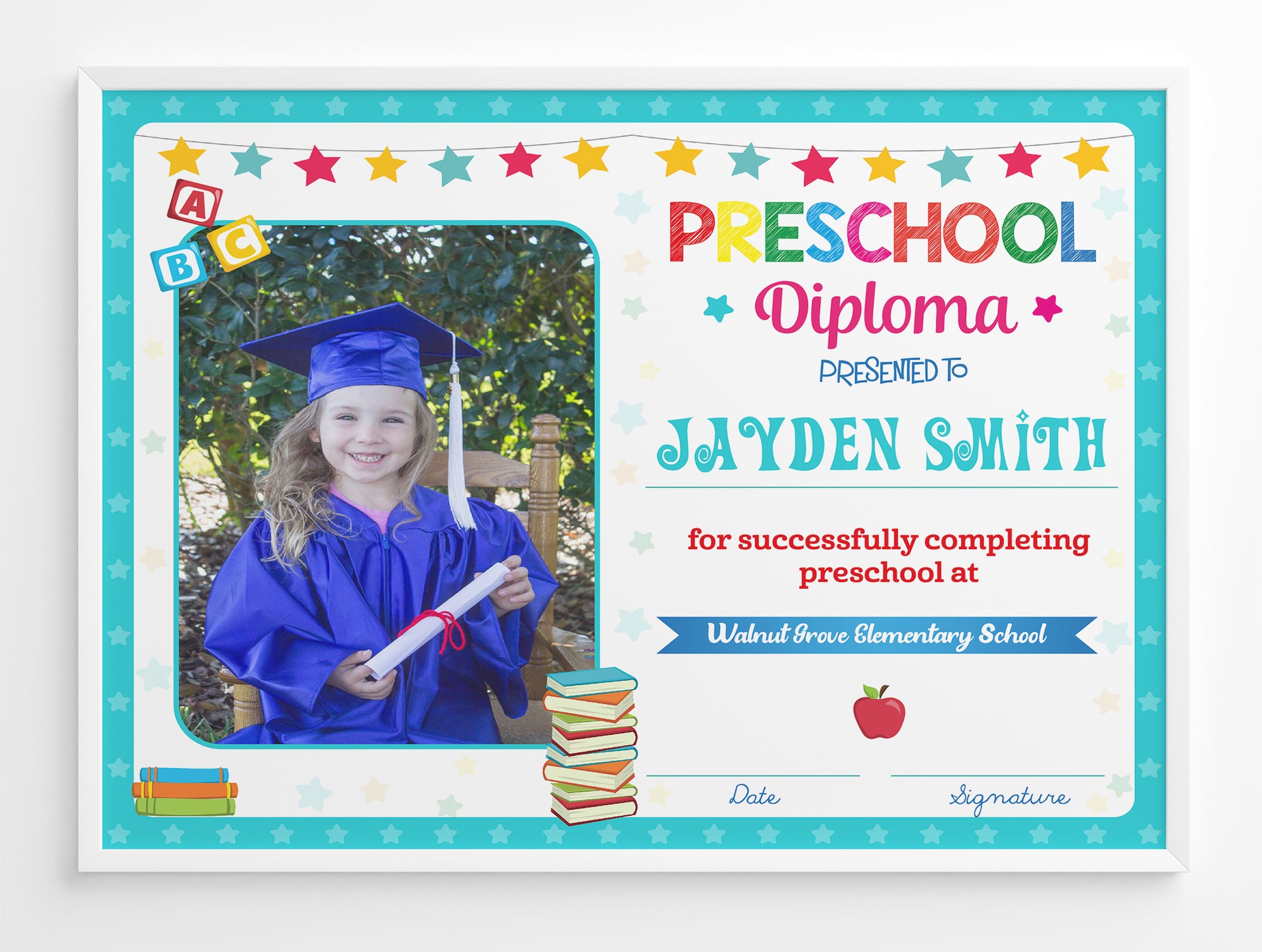 Editable Preschool Diploma with Picture, Blue Border Star Preschool Di ...