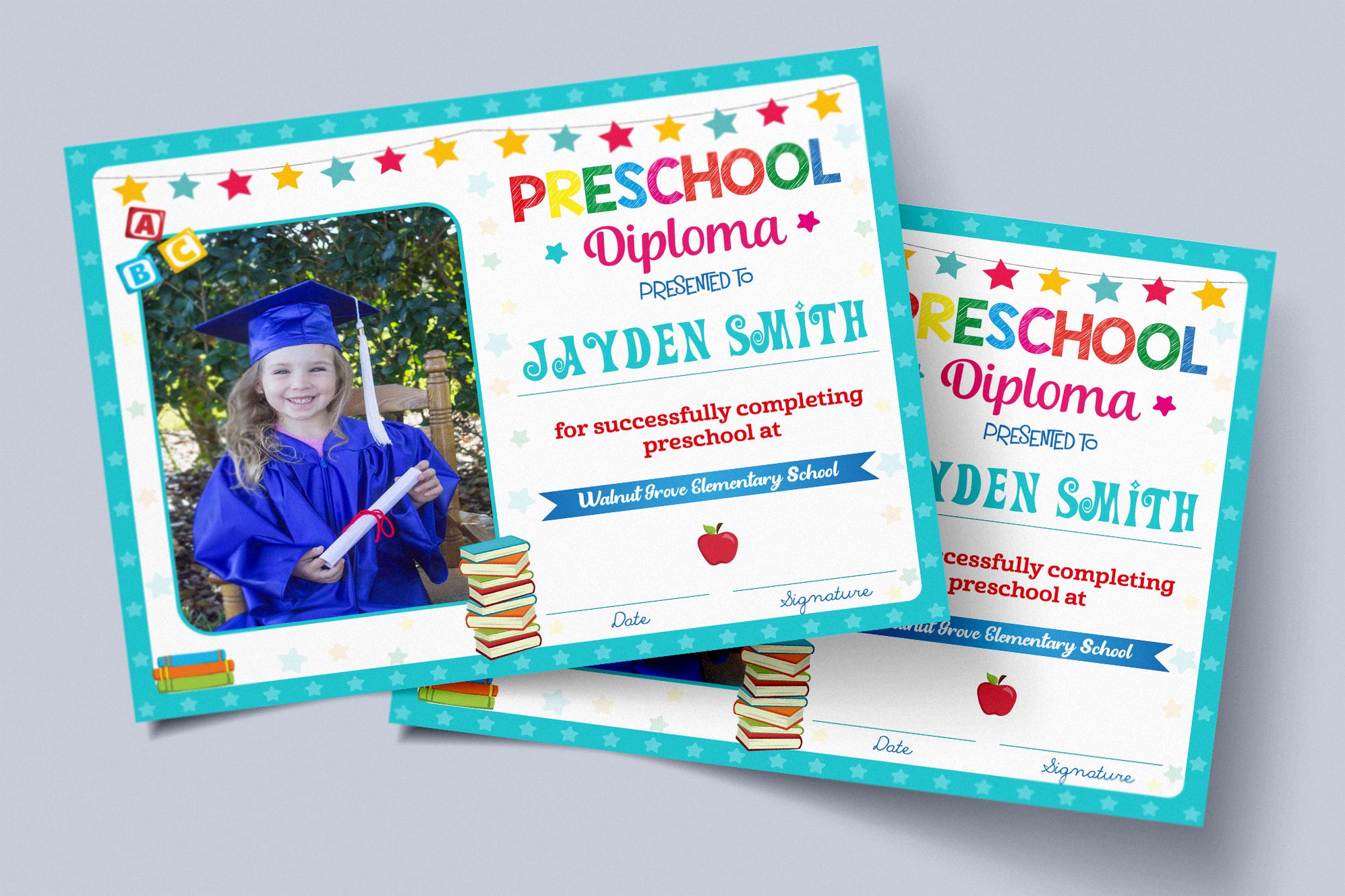 Editable Preschool Diploma with Picture, Blue Border Star Preschool Di ...