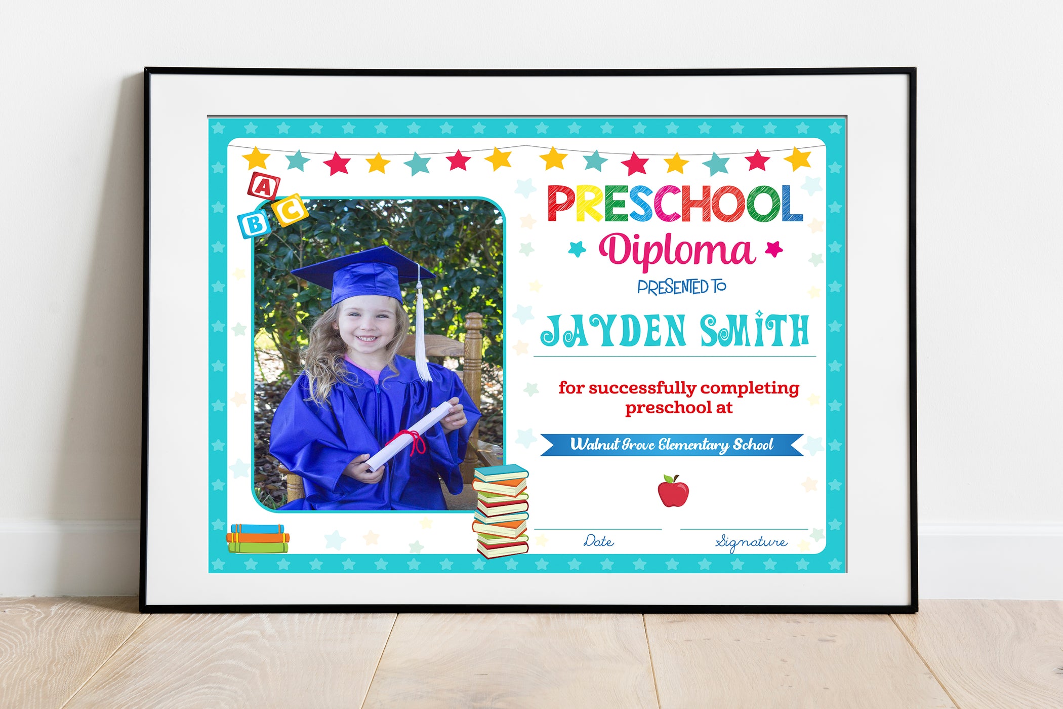 Editable Preschool Diploma with Picture, Blue Border Star Preschool Di ...
