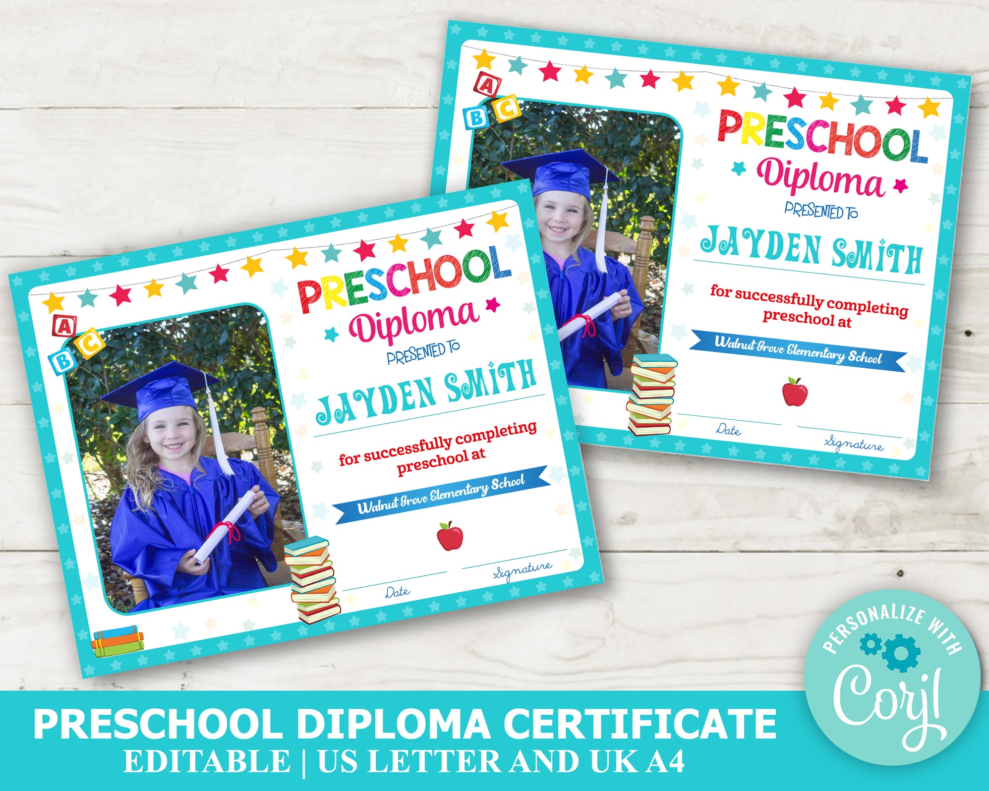 Editable Preschool Diploma with Picture, Blue Border Star Preschool Di ...