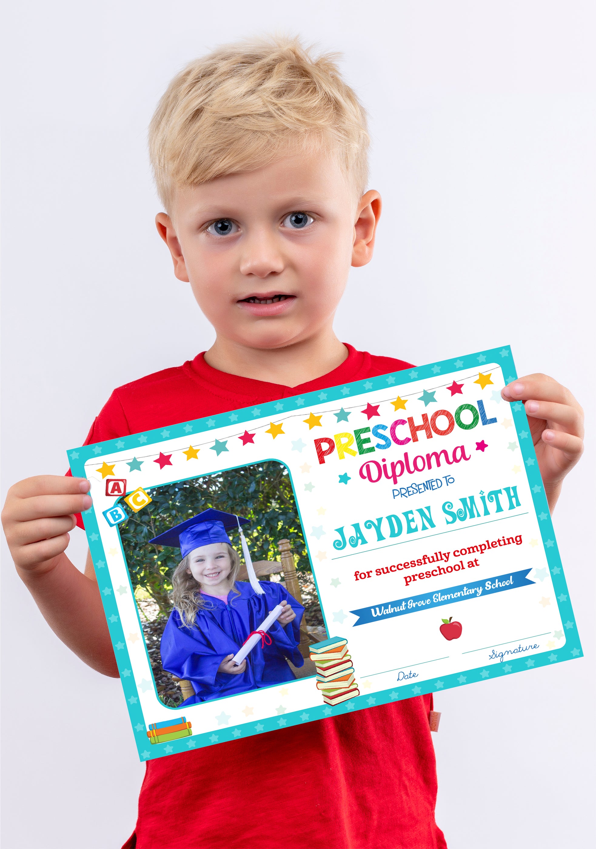 Editable Preschool Diploma with Picture, Blue Border Star Preschool Di ...