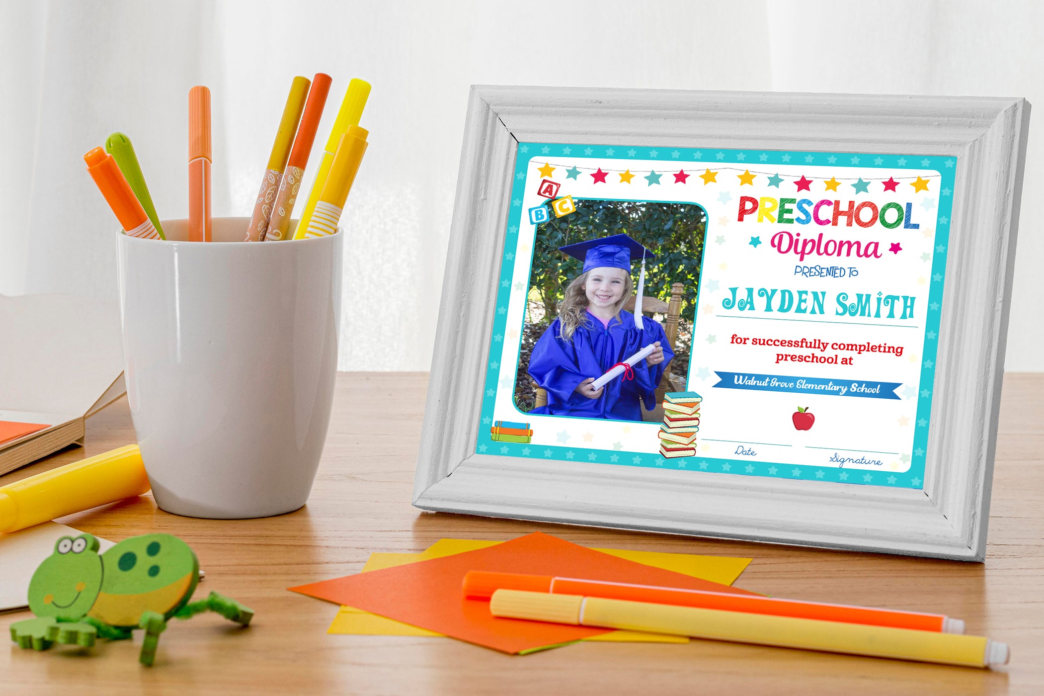 Editable Preschool Diploma with Picture, Blue Border Star Preschool Di ...