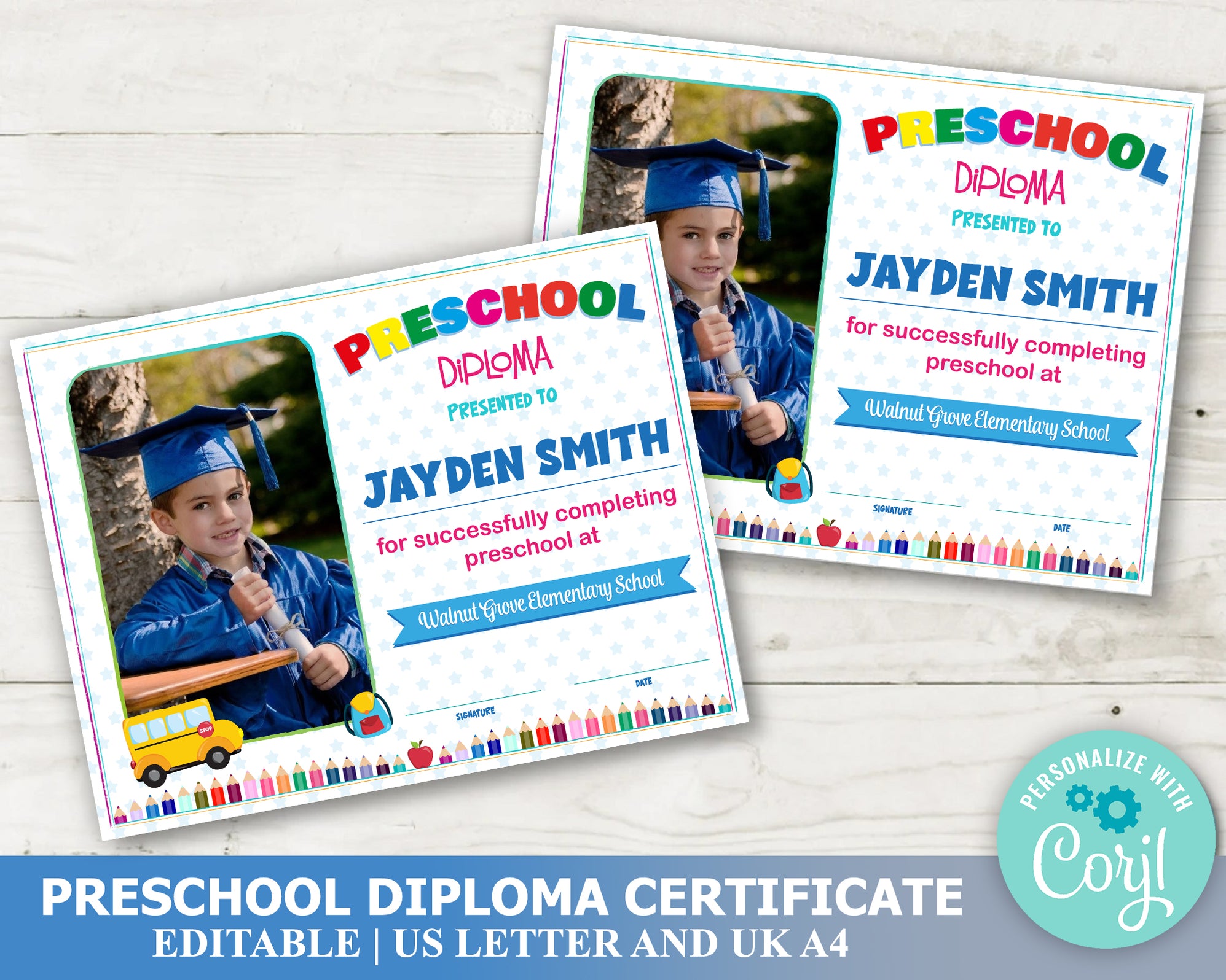 Preschool Diploma with Photo, Editable Preschool Certificate Template ...