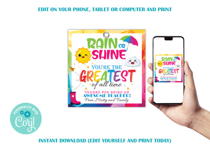 EDITABLE Rain or Shine Teacher Appreciation Gift Tag, Custom Cute Appr ...