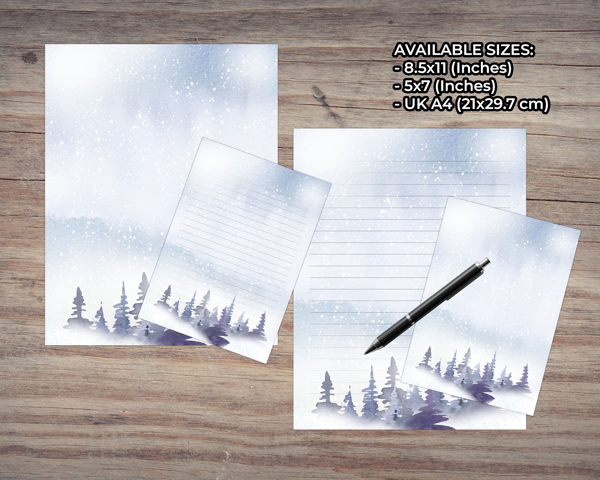 Printable Watercolor Pine Trees Winter Stationery - Posh Park