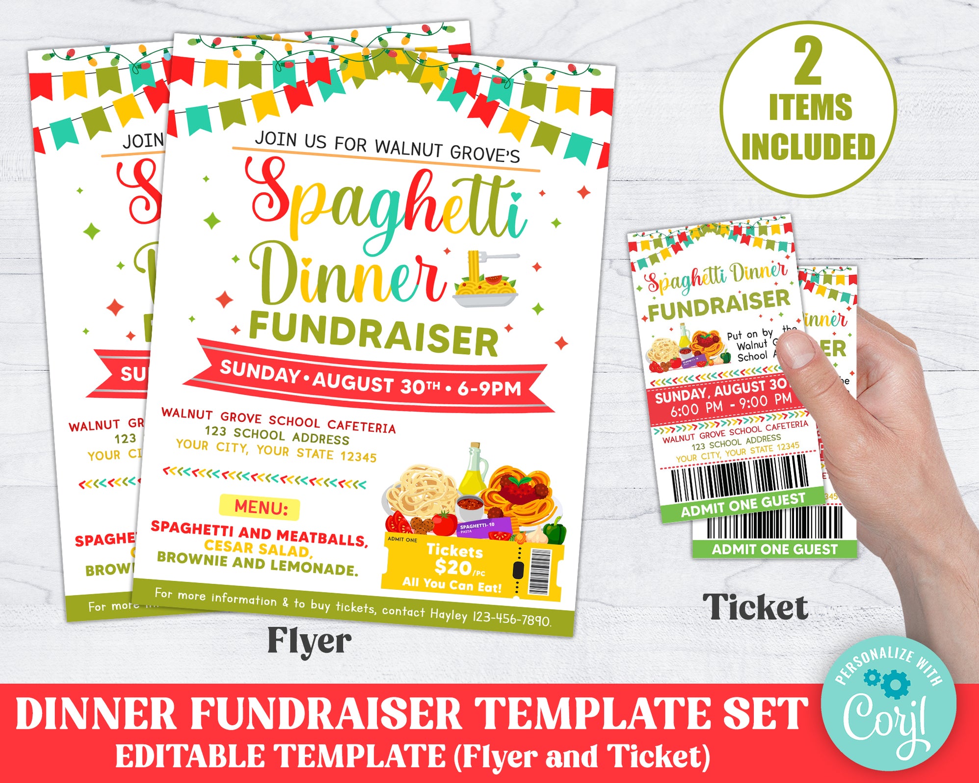 Editable DIY Spaghetti Dinner Ticket and Flyer Set, Editable Spaghetti ...