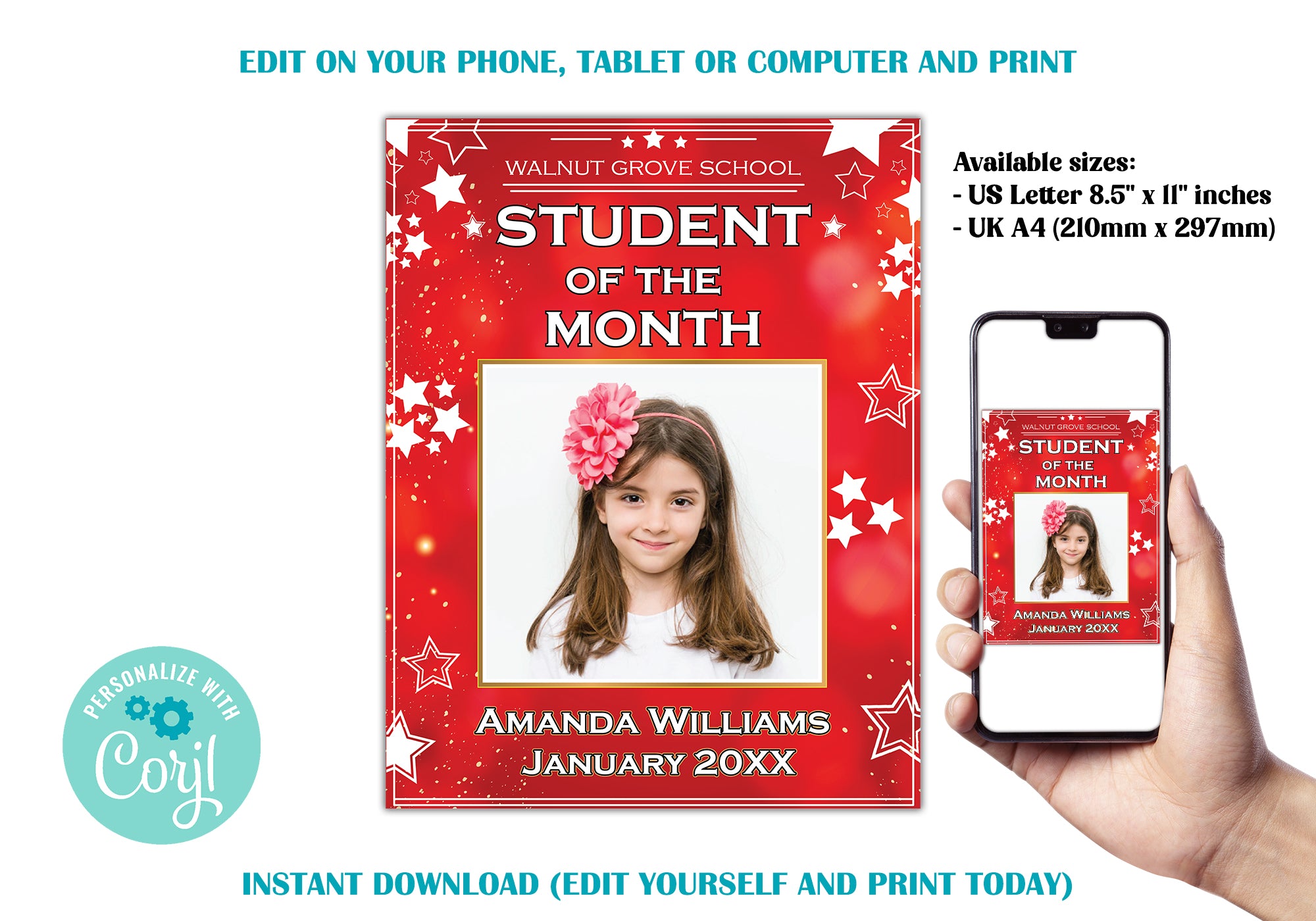 Editable Student Of The Month Black and Red Set of 2 Bundle, School St ...