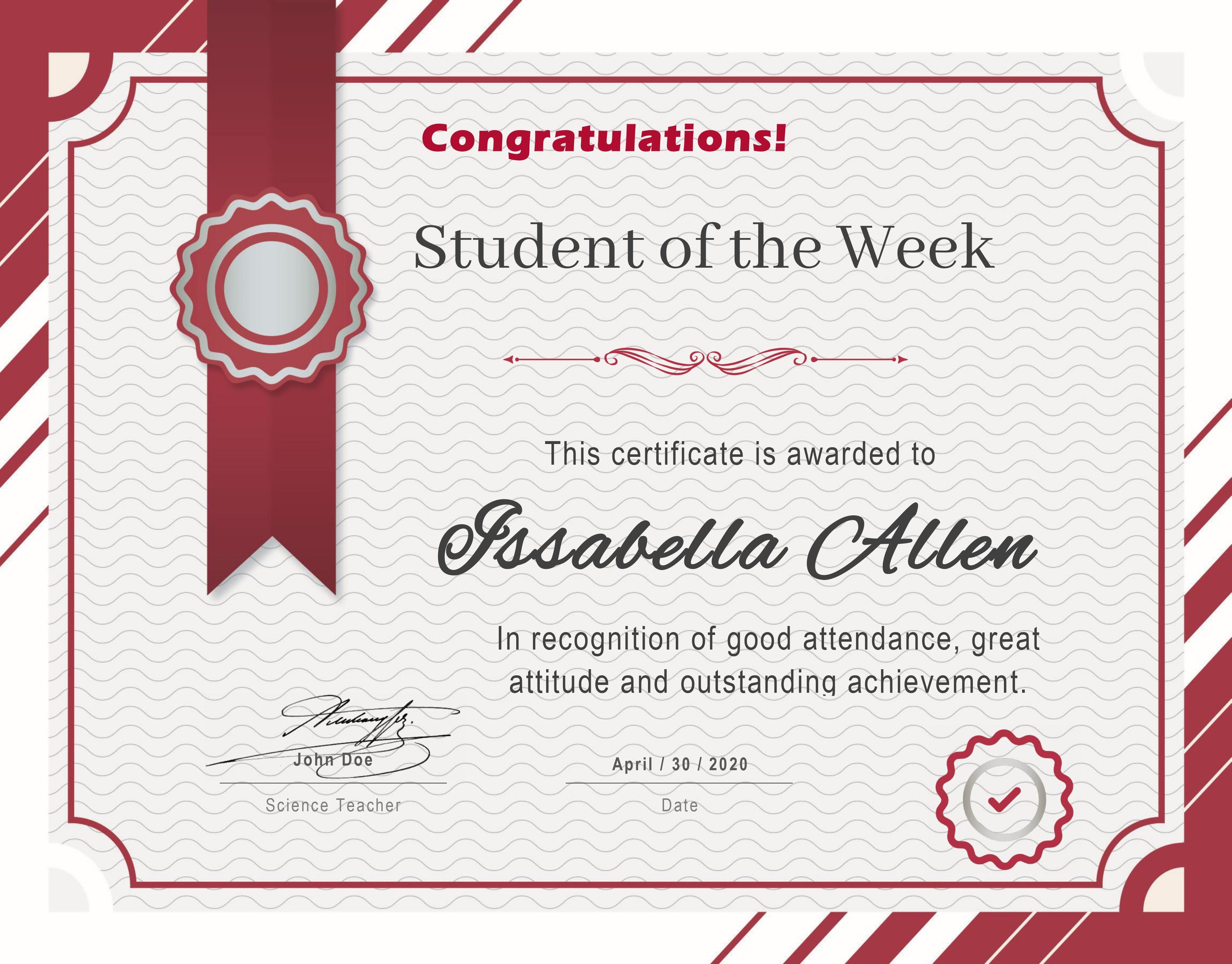 FREE Editable Student of the Week Certificate Award - Posh Park