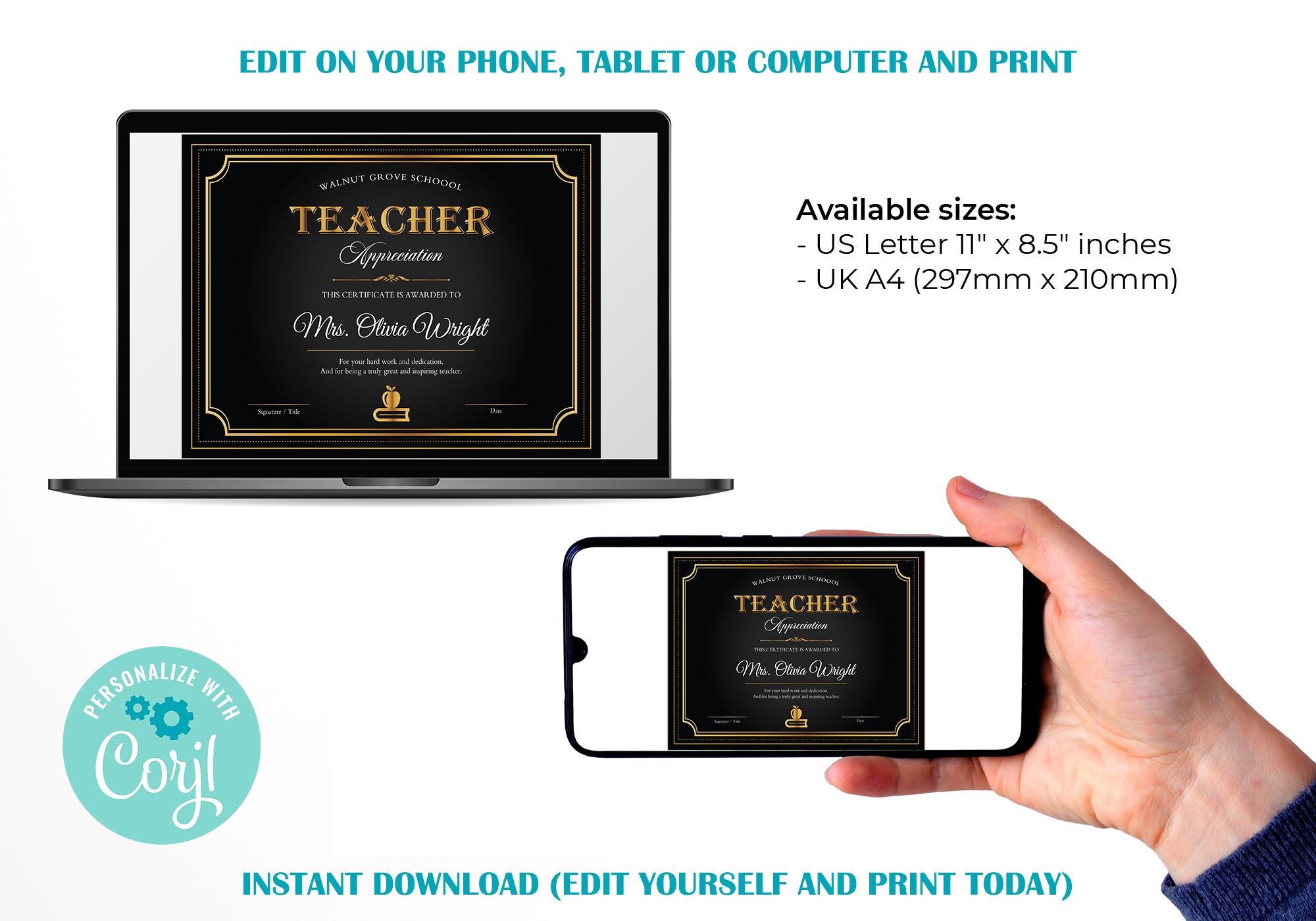 Elegant Teacher Appreciation Certificate Black, Editable Appreciation ...