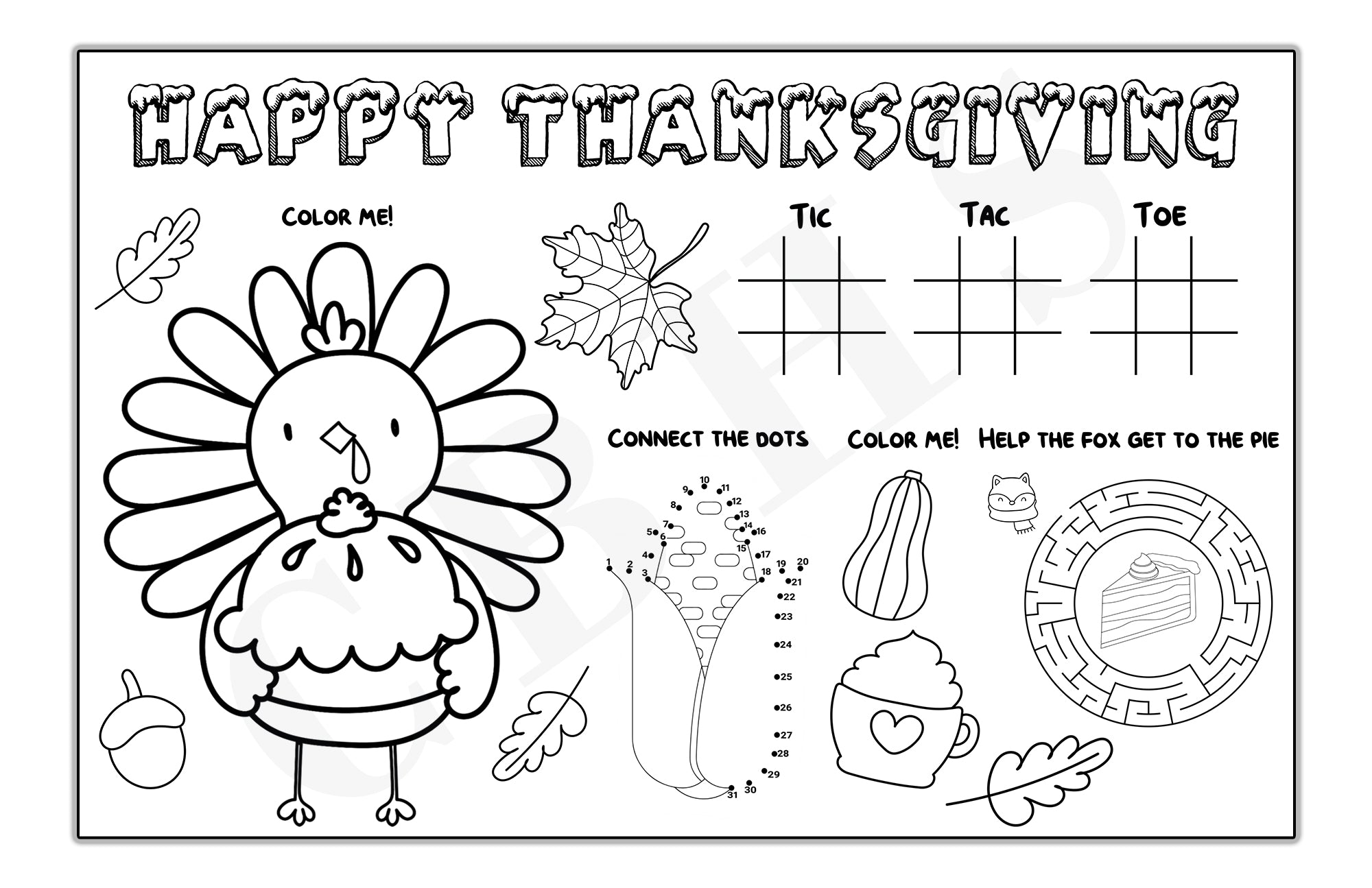 Printable PDF Thanksgiving Activity Placemat, Cute Thanksgiving Activi ...