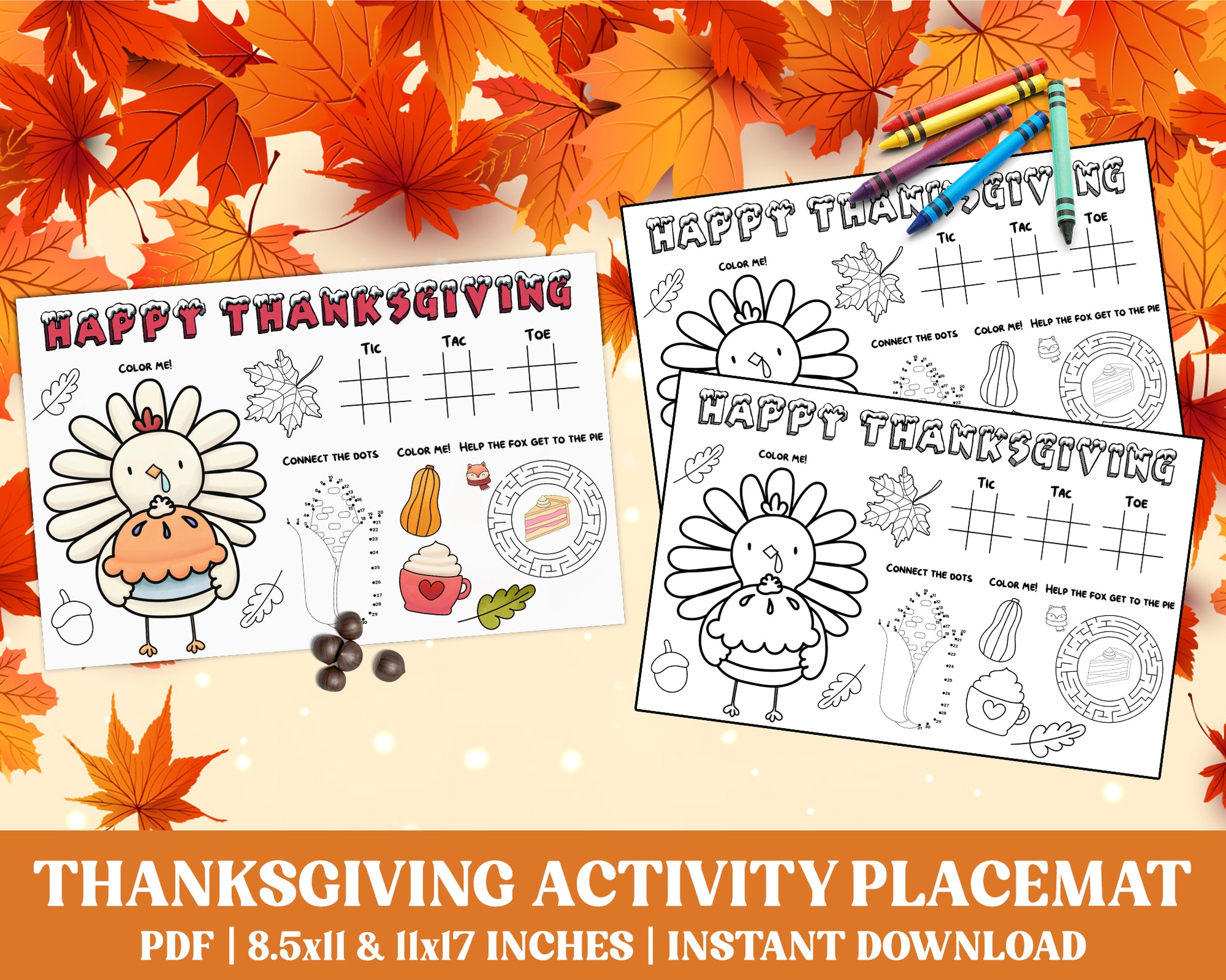 Printable Fall Activity Pages for Kids Bundle, PDF Thanksgiving Activi ...