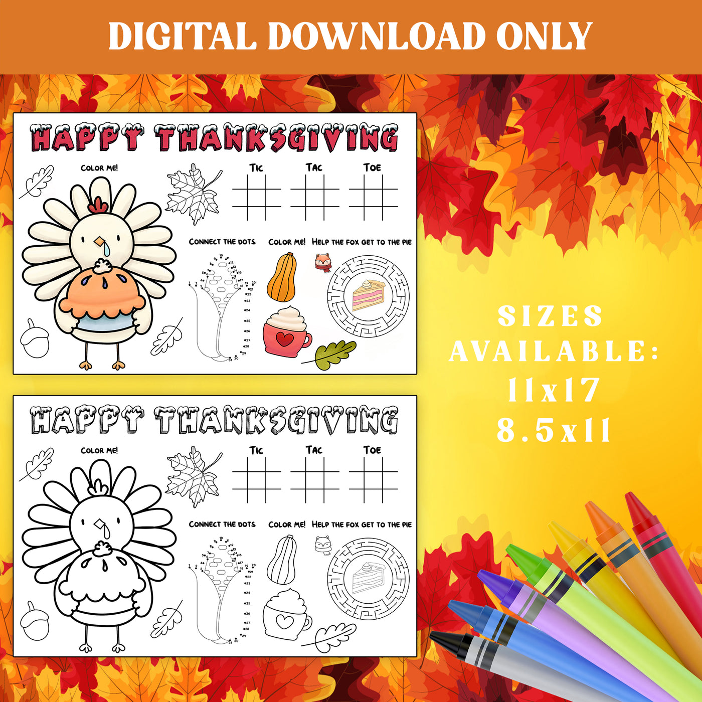 Printable PDF Thanksgiving Activity Placemat, Cute Thanksgiving Activi ...