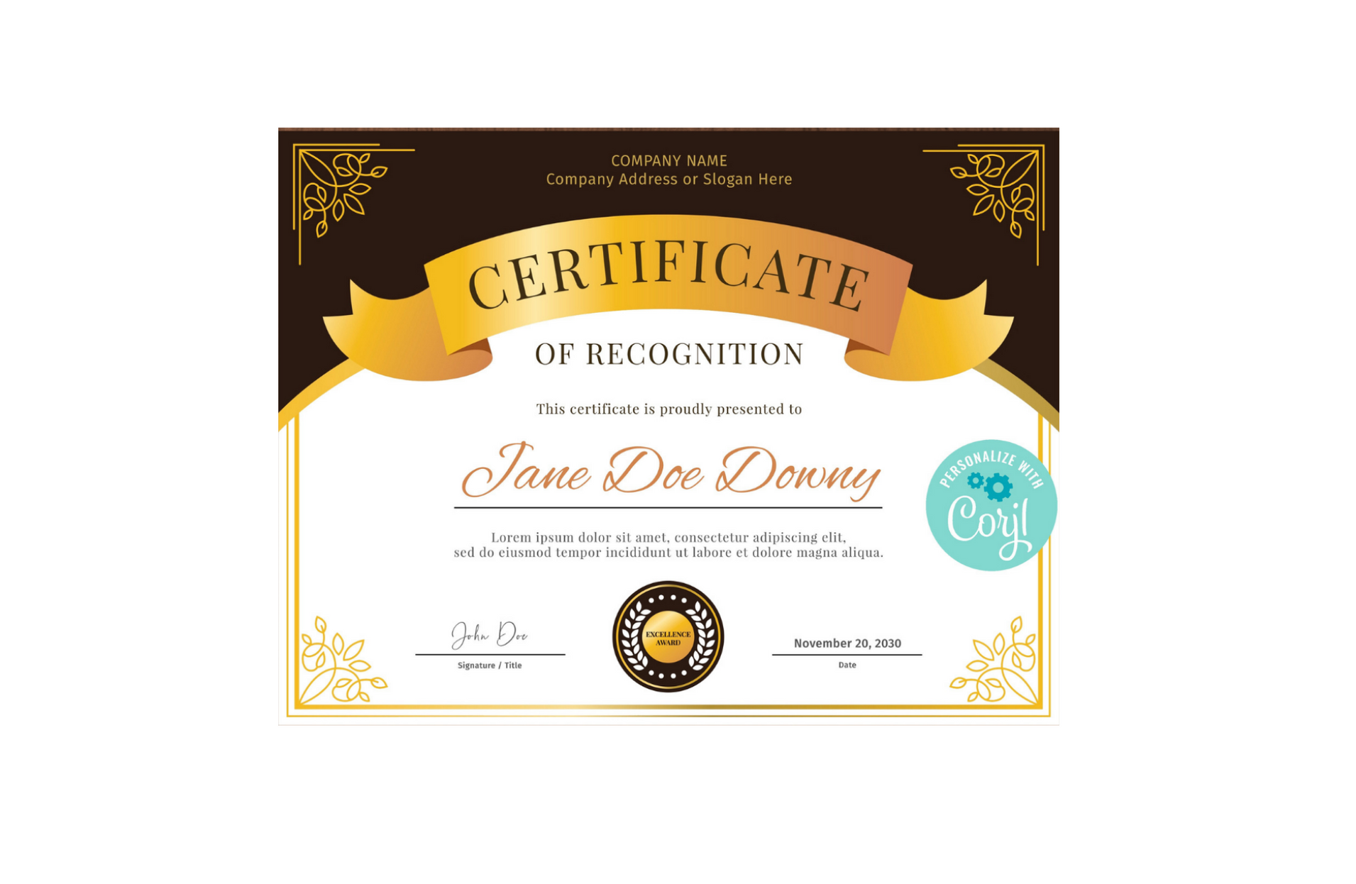 DIY Certificate of Recognition Template, Brown and Gold DIY Certificat ...