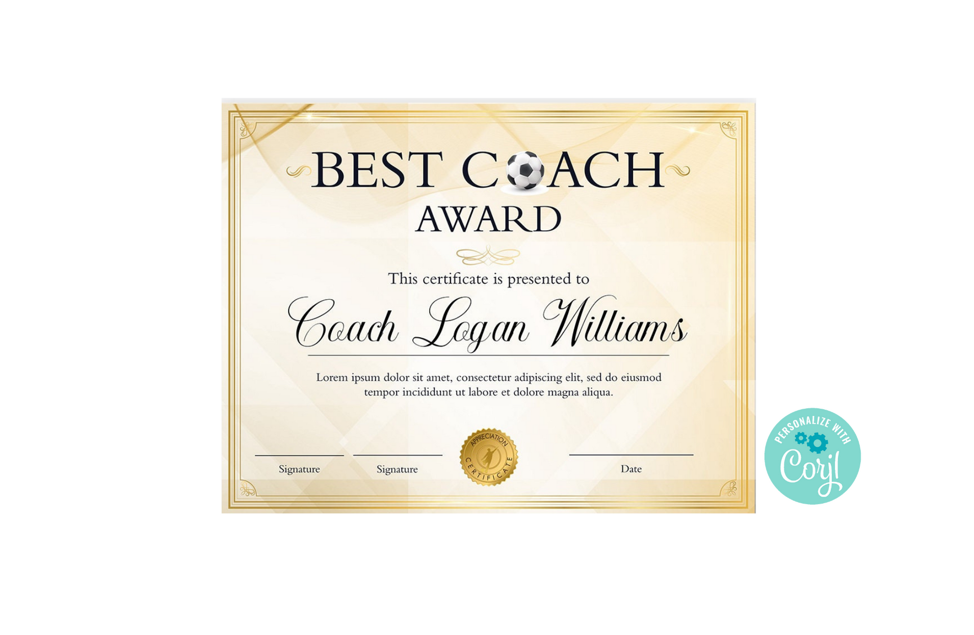 Downloadable Soccer Coach Certificate Template, Editable Best Soccer C ...