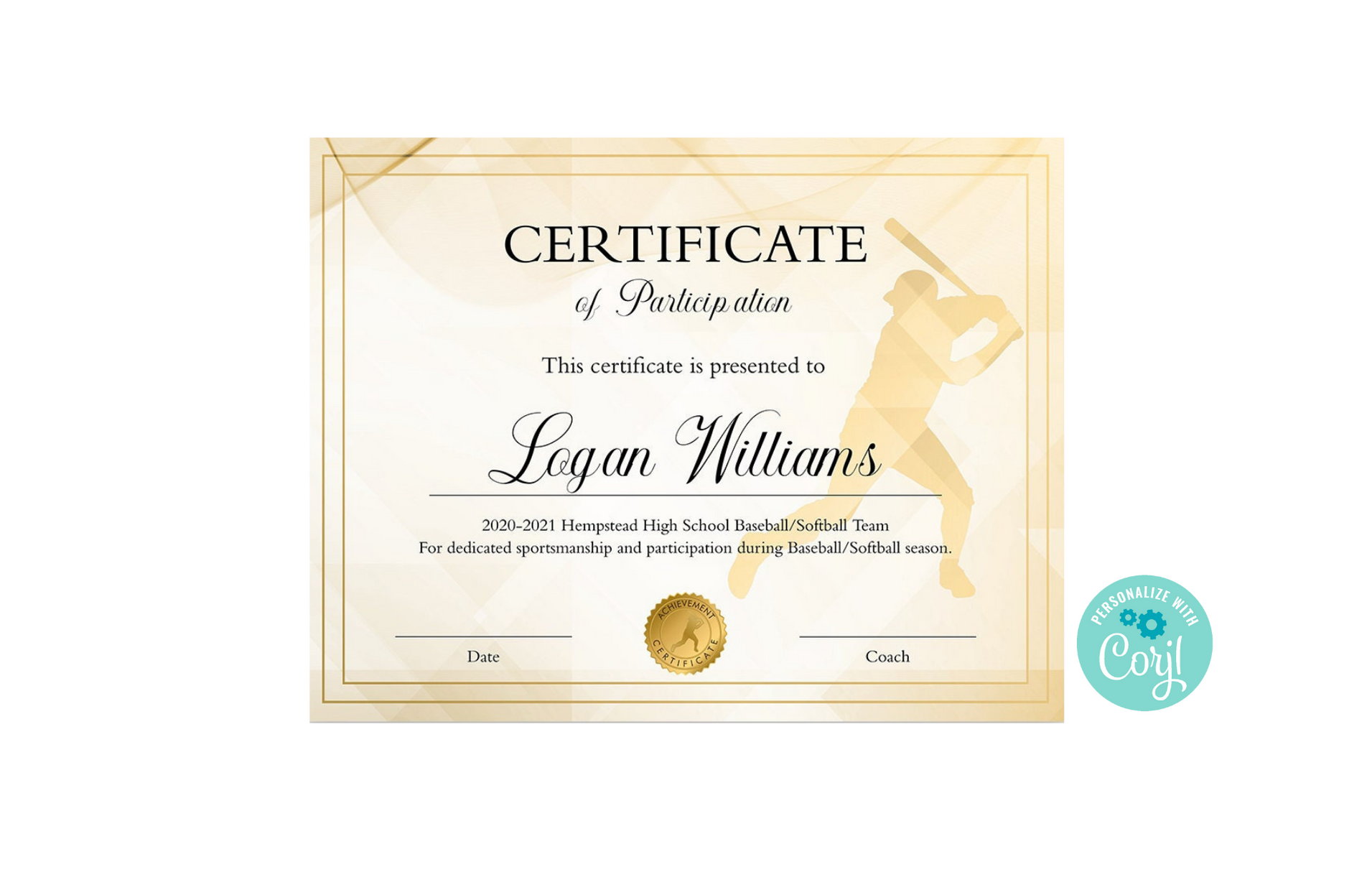 Downloadable Softball Certificate Template, Editable Softball Particip ...