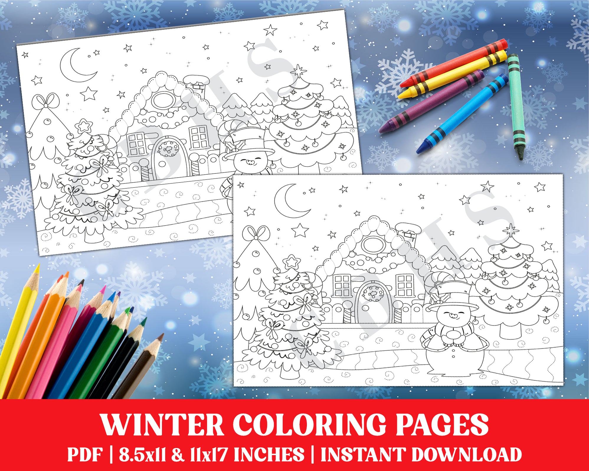 Printable PDF Winter Coloring Pages, Holiday Coloring Sheets, Christma ...