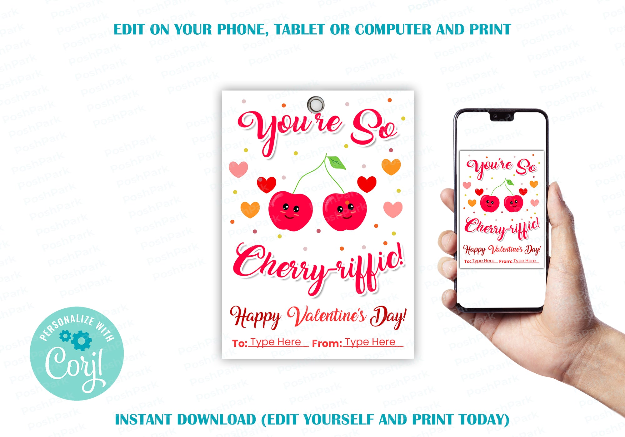 DIY You're so Cherry-Riffic Valentine's Day Gift Tag, Editable Valenti ...