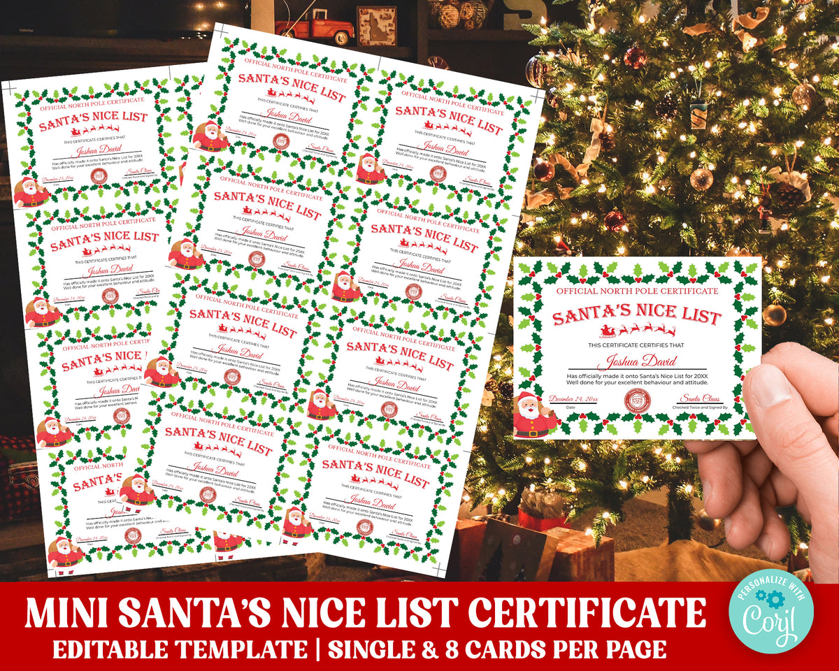 Editable Mini Christmas Santa Nice List Certificate Template Card Size ...