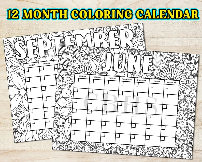 PDF Flower Pattern 12 Month Coloring Calendar, Printable Floral Colori ...