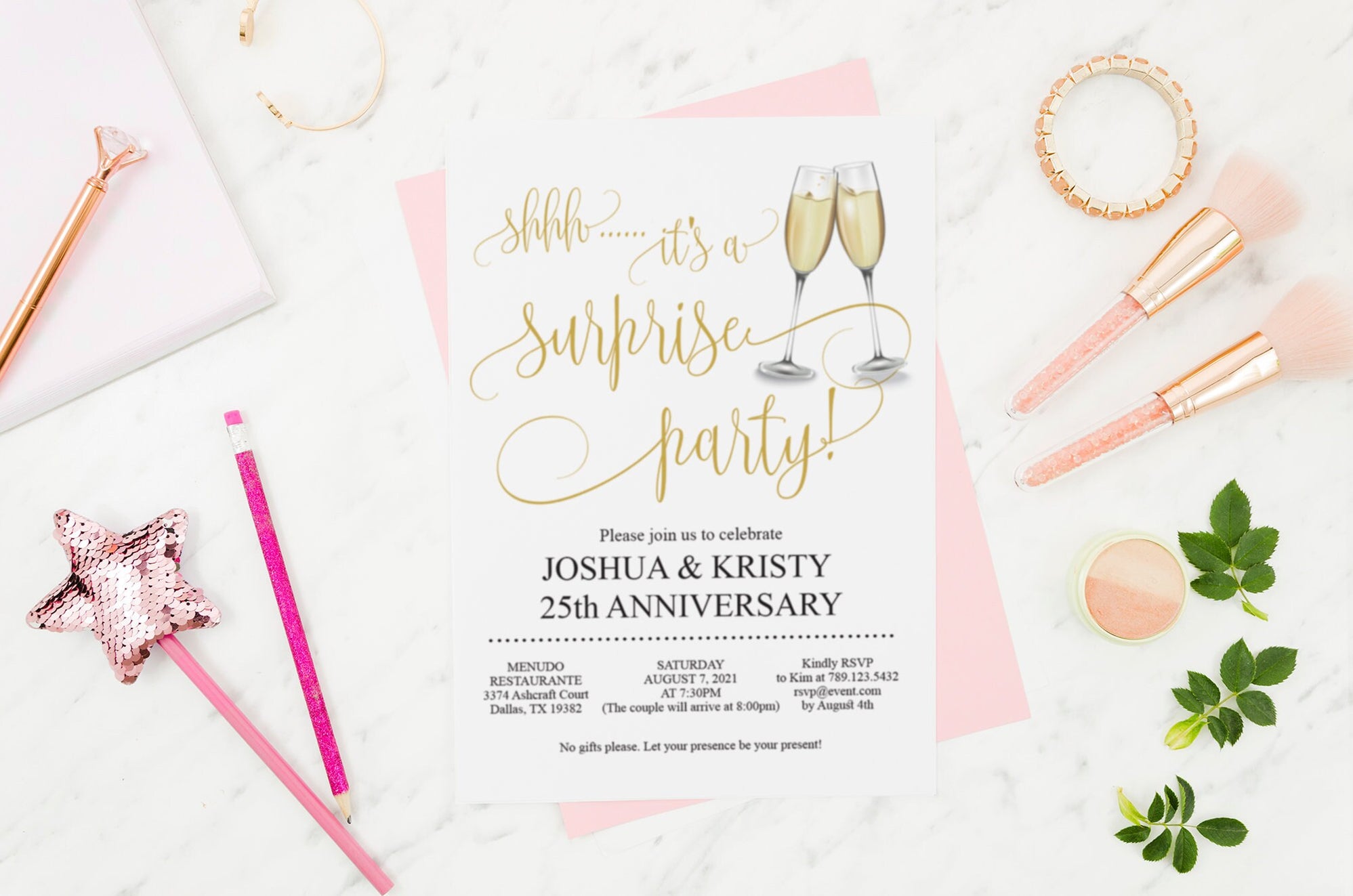 Editable Minimalist 25th Anniversary Surprise Invitations, DIY 25th Si ...