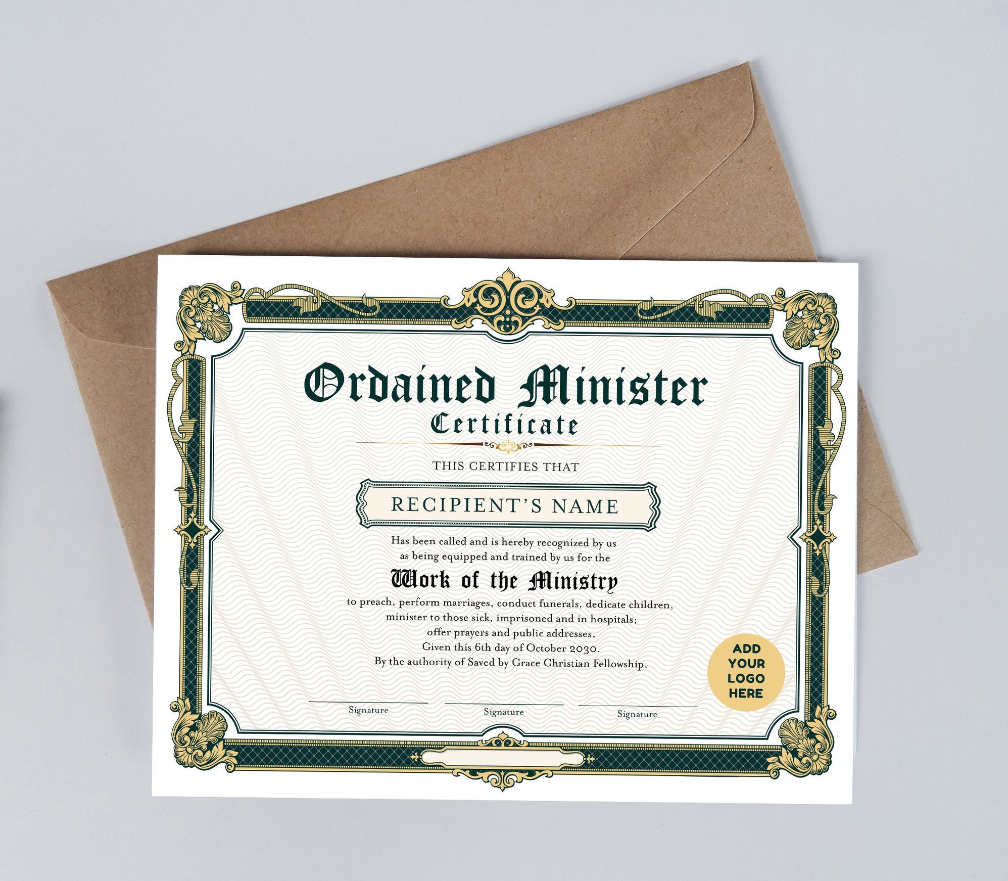Editable Certificate of Ordination Minister Template, Green and Gold D — Posh Park