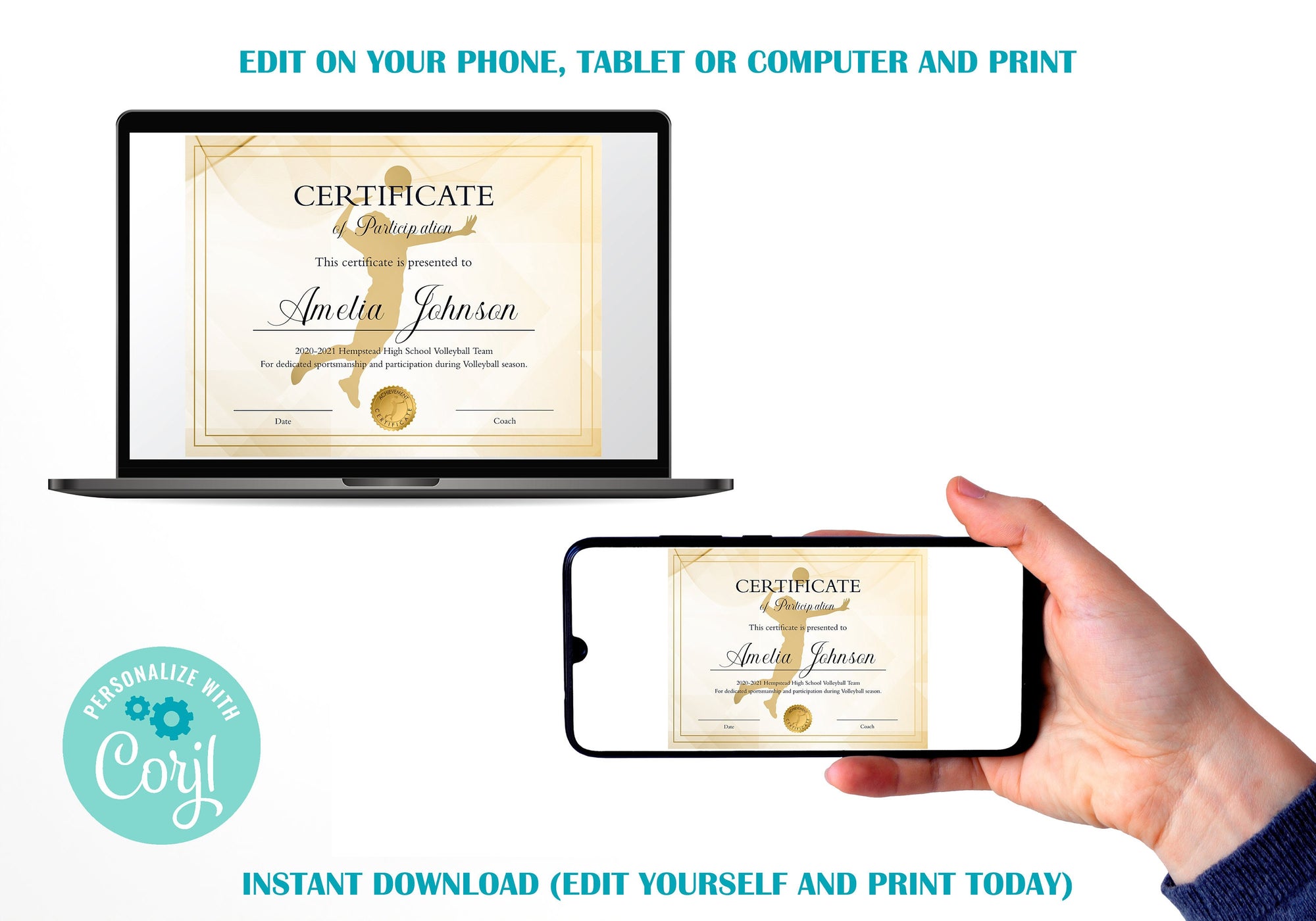 Editable Girls Volleyball Certificate Template, Downloadable Girls Vol ...