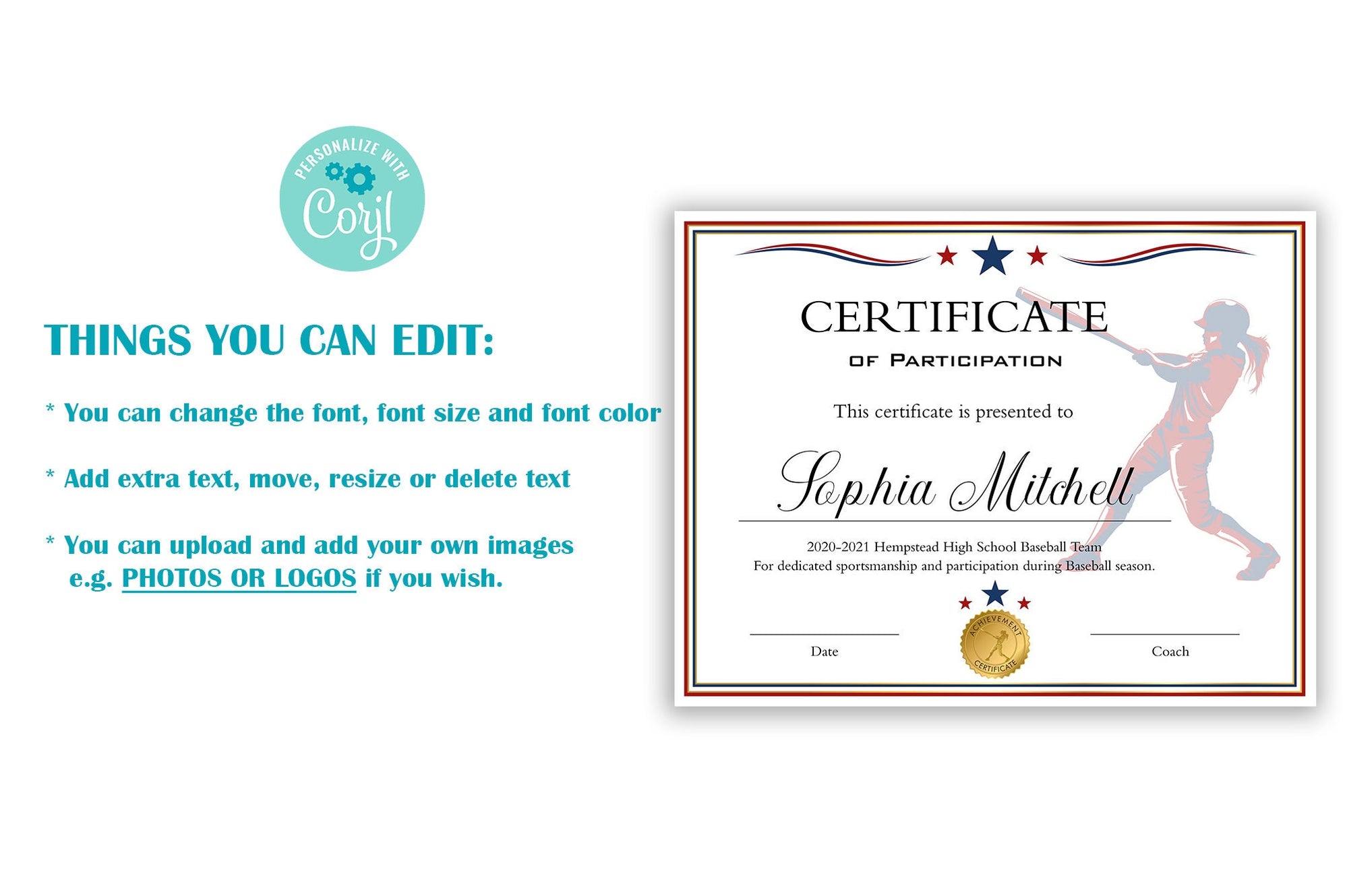 Downloadable Red White Girls Softball Certificate Template, DIY Softba ...