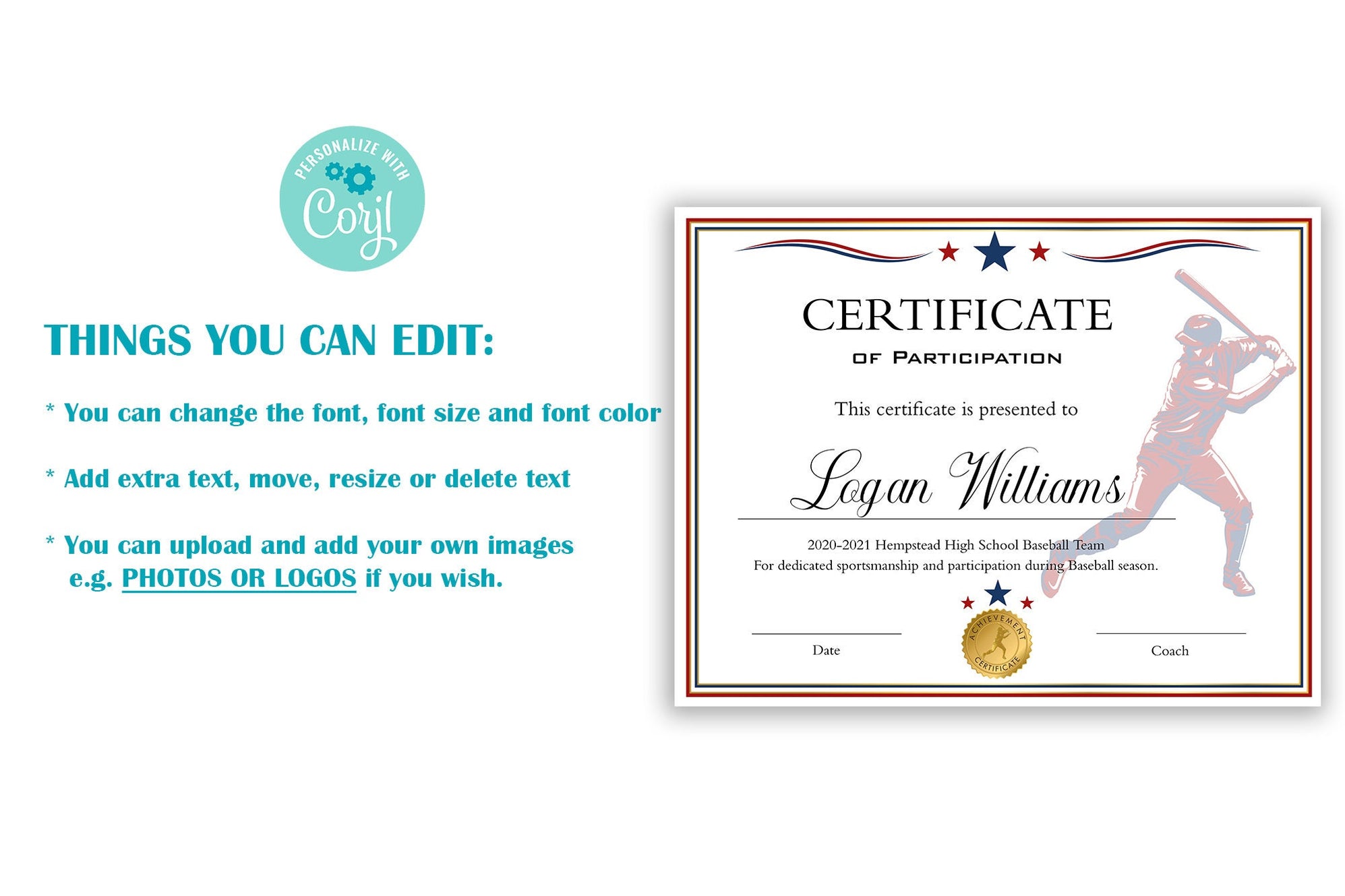 Printable Boys Baseball Certificate Template, Editable Red White Baseb ...