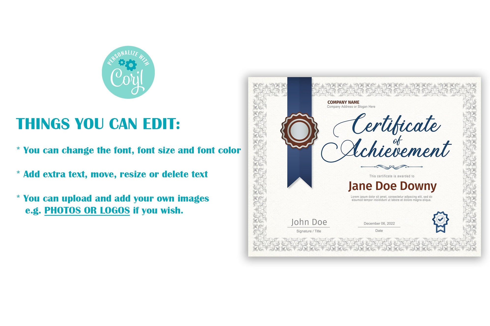 Editable Certificate of Achievement Template Editable | DIY Award Temp ...