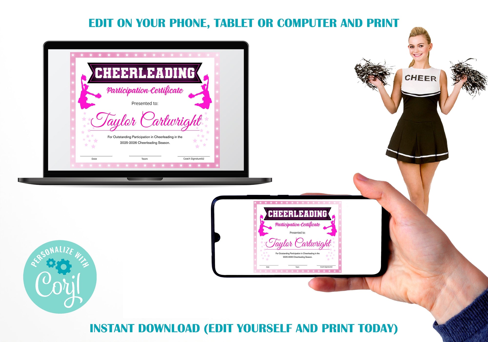 EDITABLE Cheerleader Certificate, Cheerleading Award, Cheerleading Pri ...