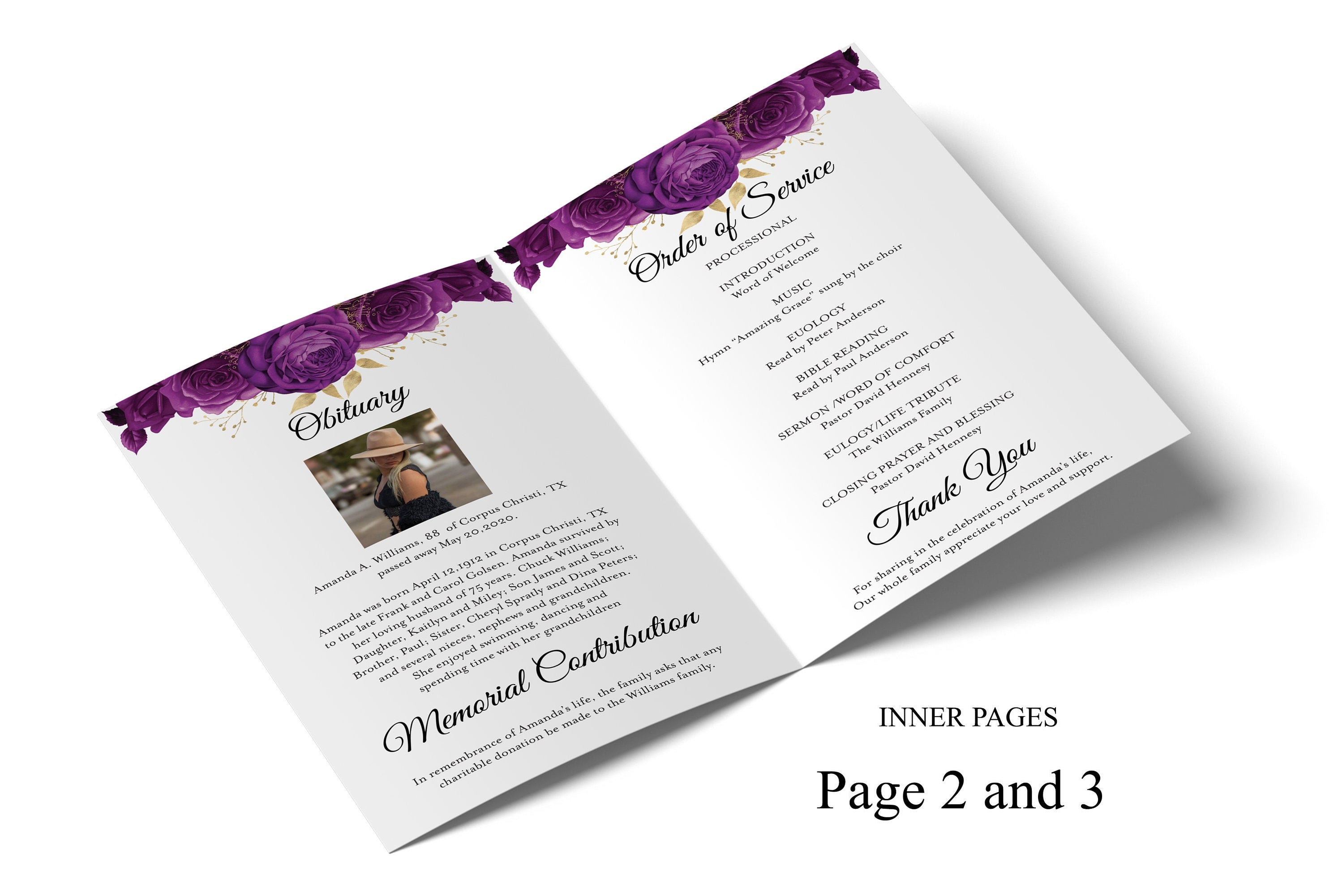 Editable 8 Page Purple Rose Funeral Program Template — Posh Park
