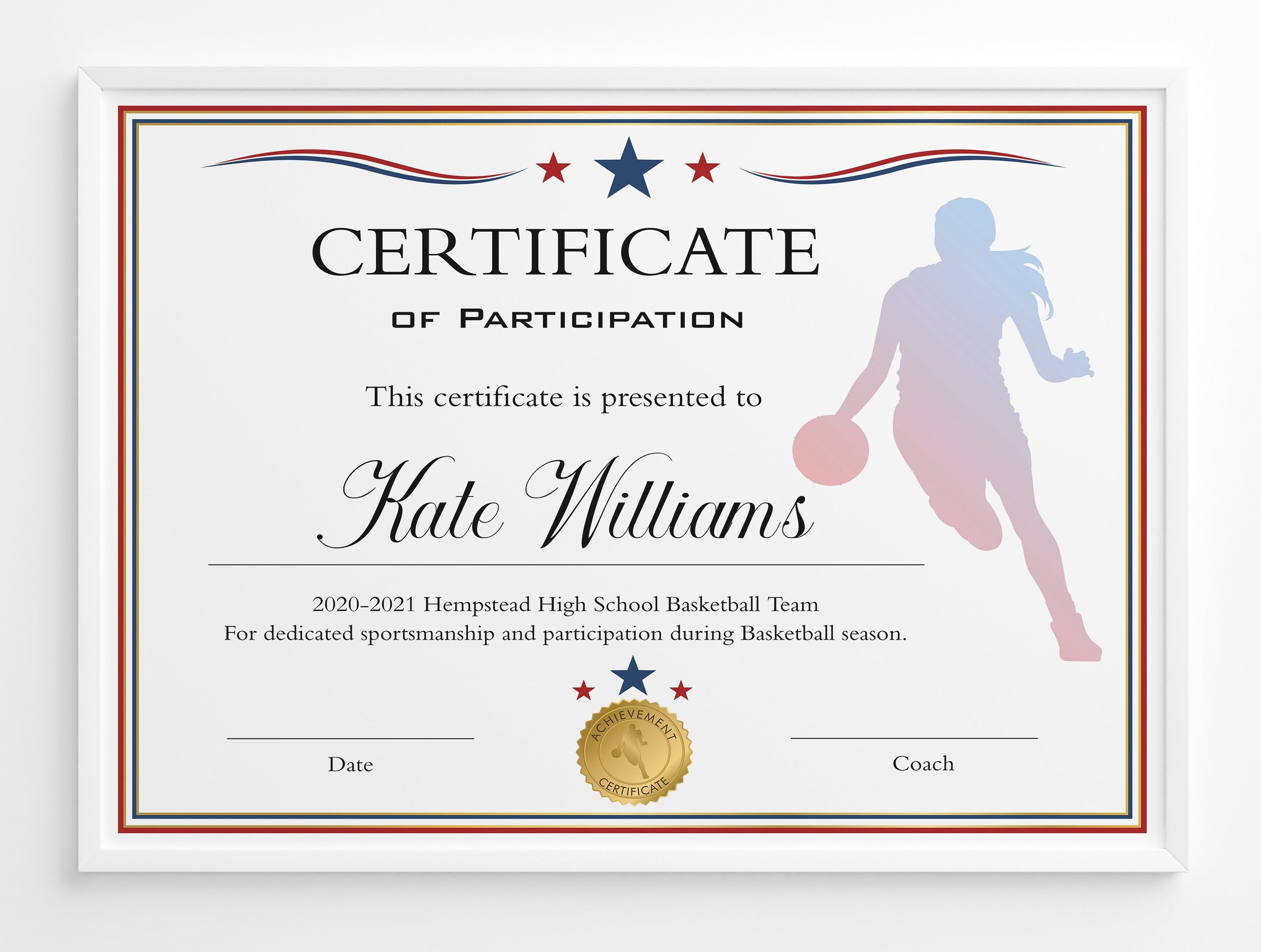 Editable Girl's Basketball Certificate Template, Customizable Red Whit ...