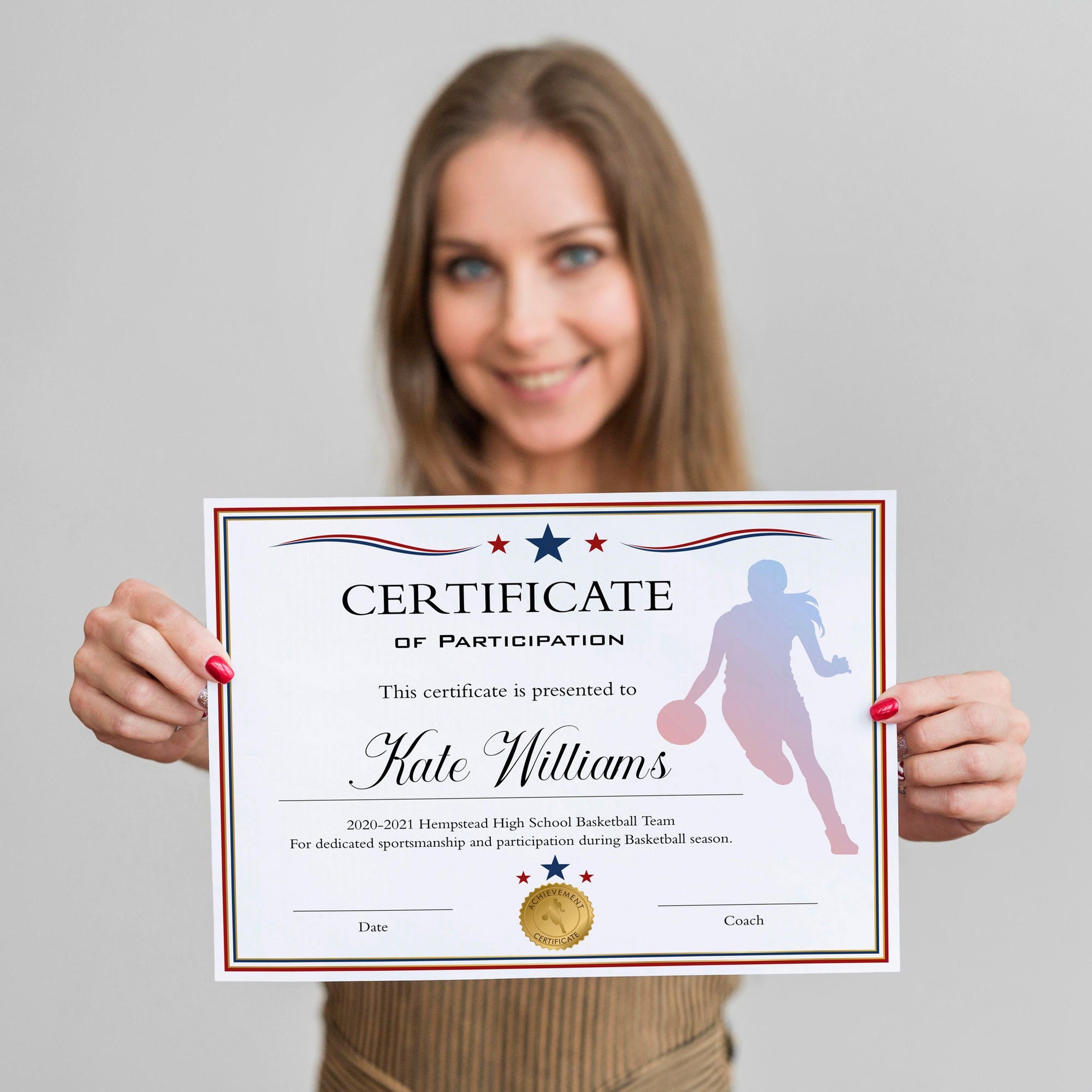 Editable Girl's Basketball Certificate Template, Customizable Red Whit ...
