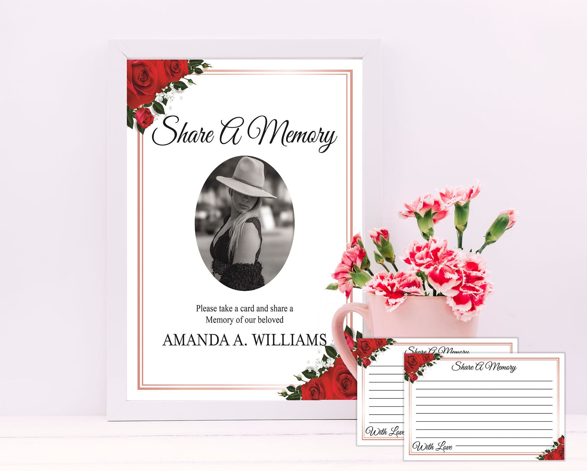 Editable Funeral Share a Memory Card and Sign, DIY Red Rose Funeral Te ...