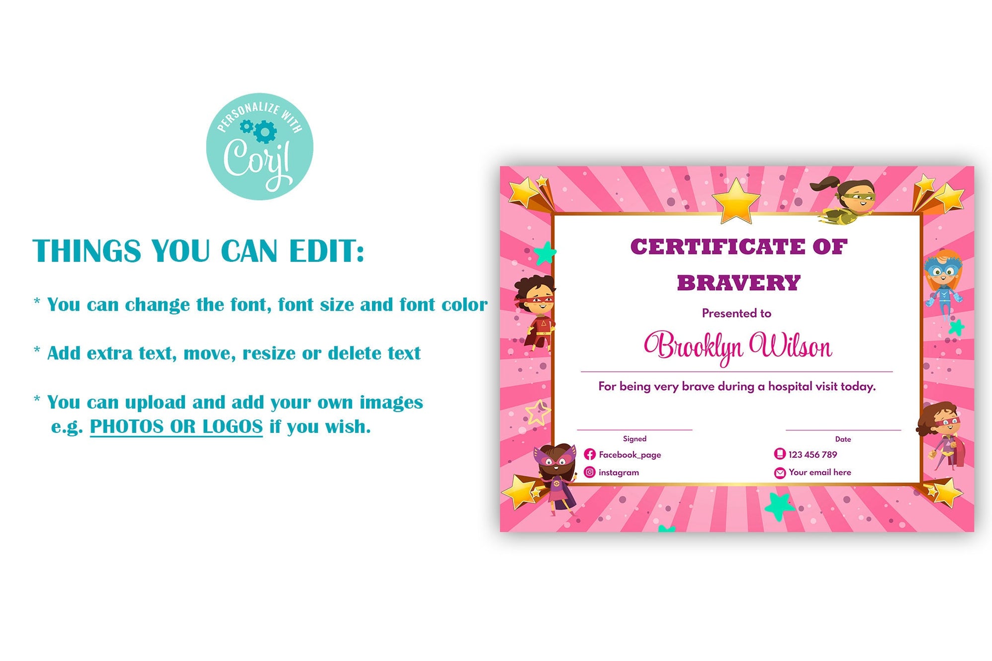 Printable Certificate of Bravery, DIY Pink Editable Kids Certificate T ...
