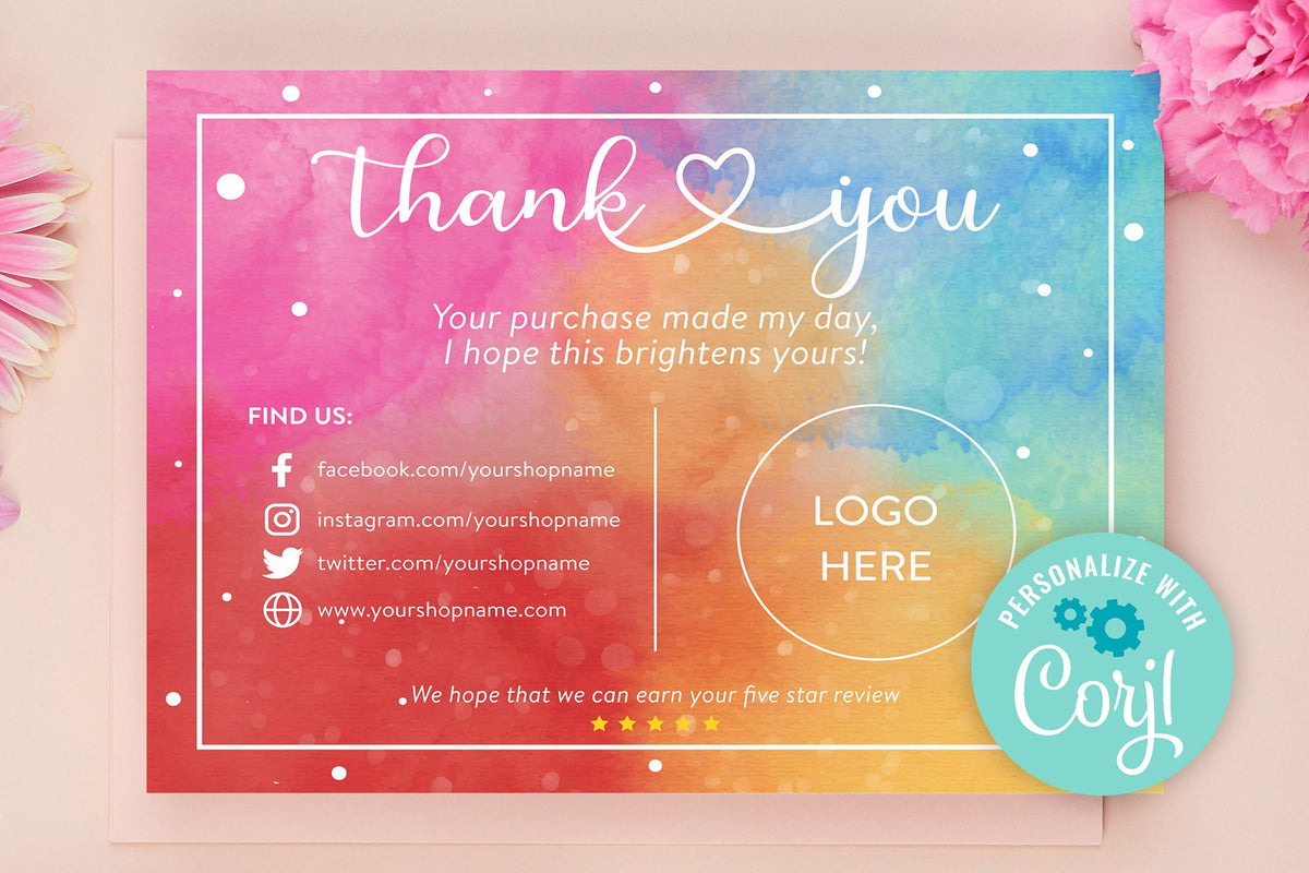 Downloadable Small Business Thank You Cards Colorful, Instant Fully Ed ...