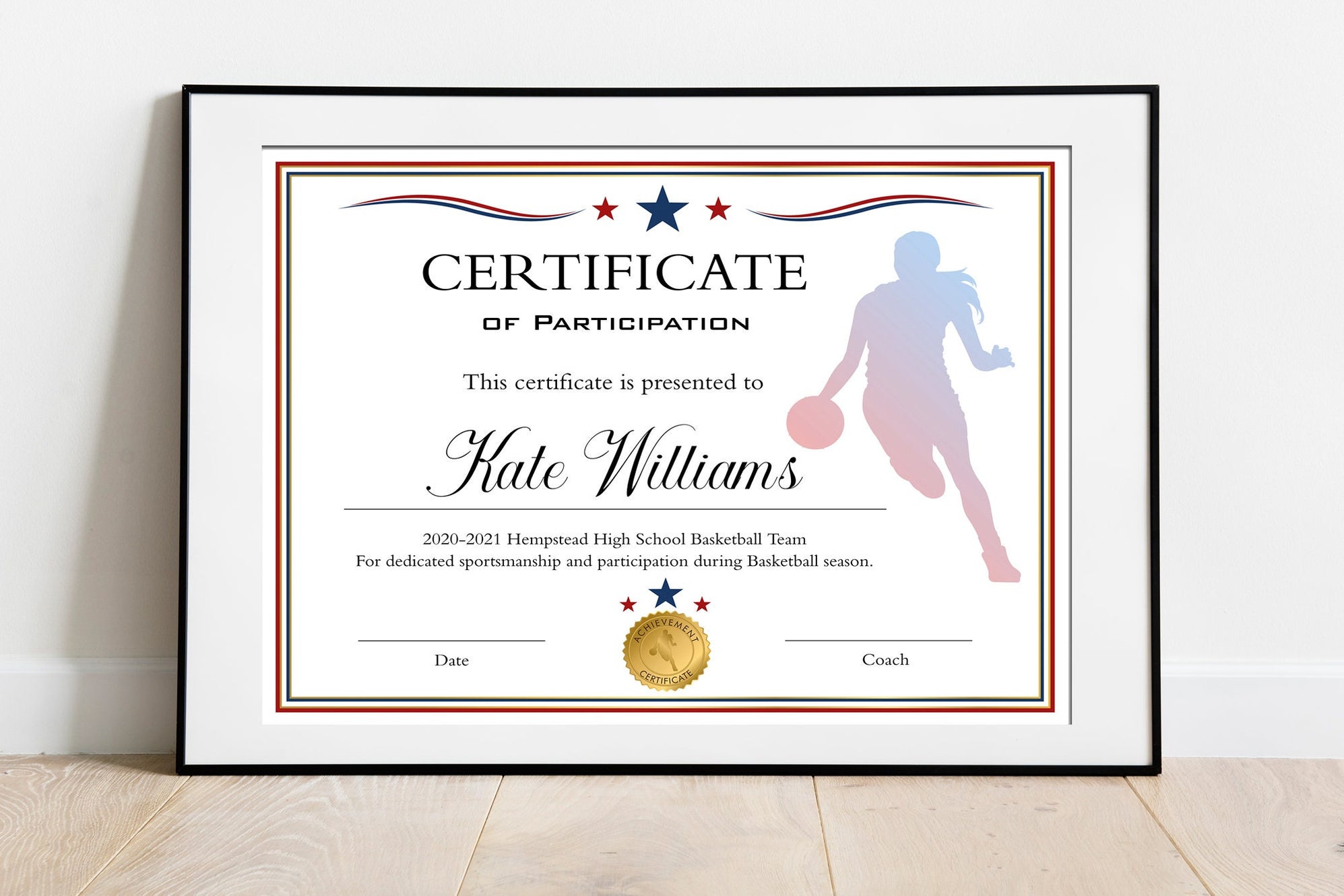 Editable Girl's Basketball Certificate Template, Customizable Red Whit ...