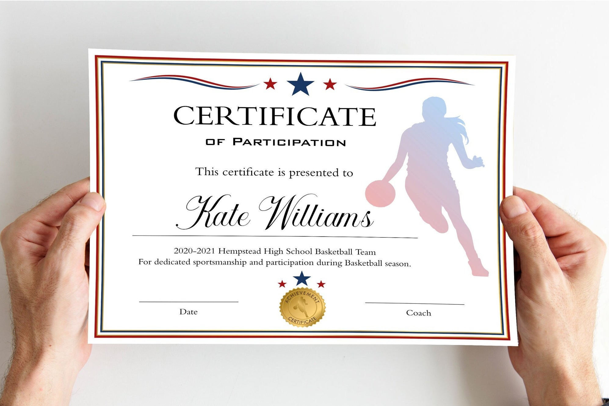 Editable Girl's Basketball Certificate Template, Customizable Red Whit ...