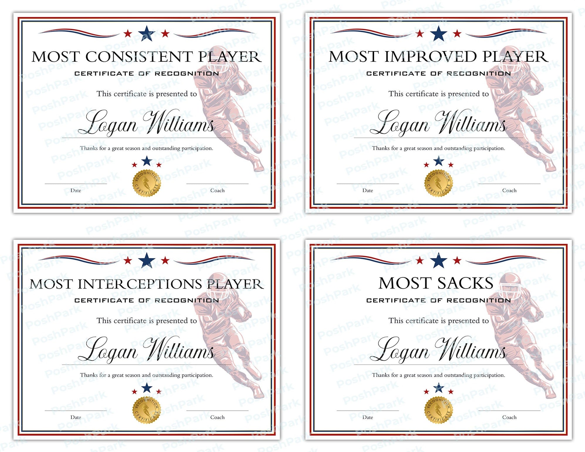 Editable End of Season Football Award Certificates Red White Blue ...