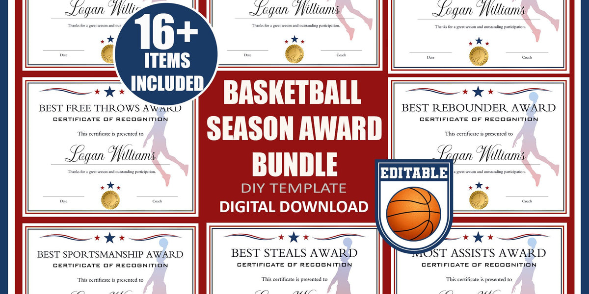 Editable End of Season Basketball Award Certificate Red White Blue ...