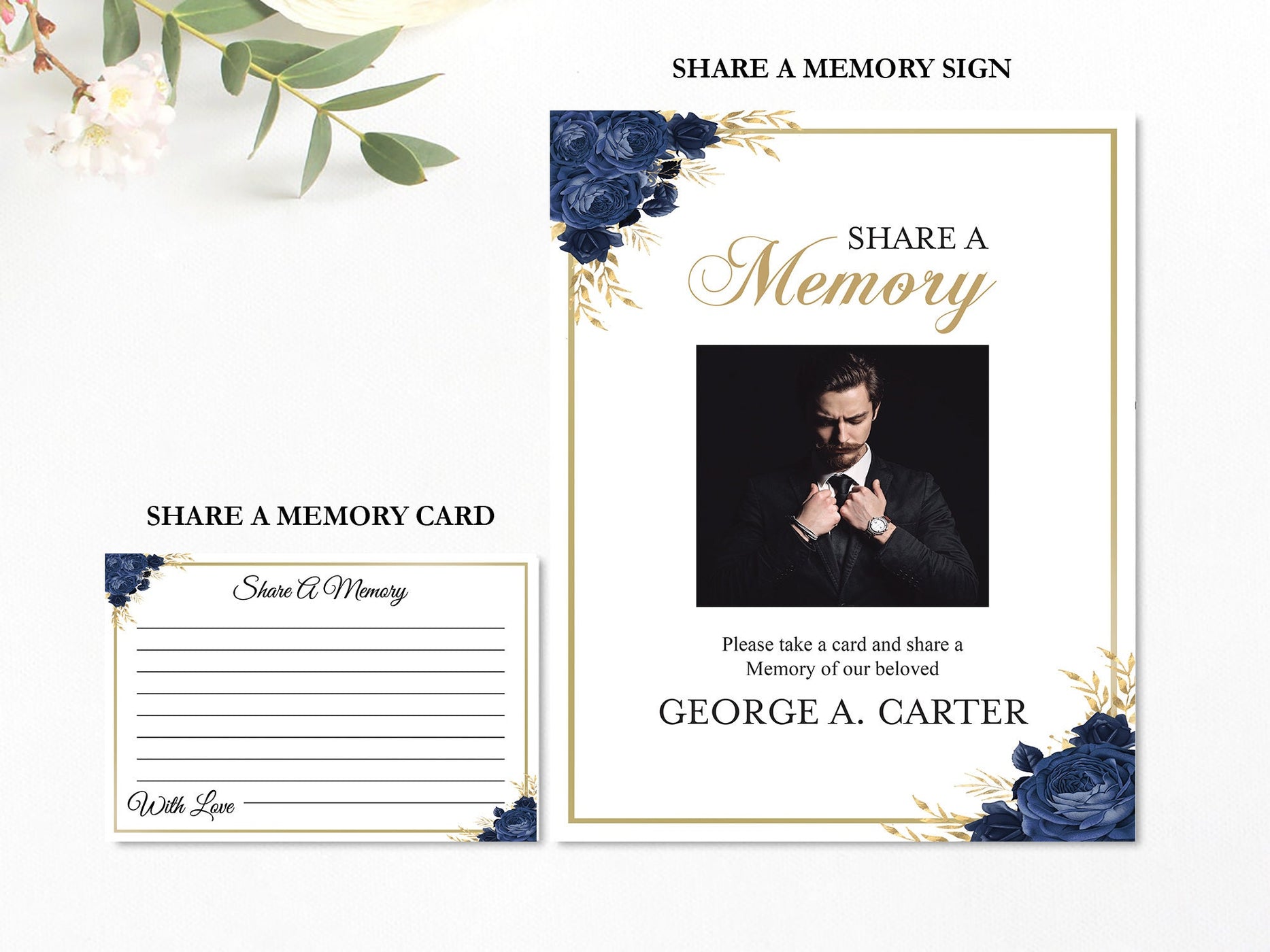 Editable Funeral Share a Memory Card and Sign, DIY Blue Rose Funeral T ...