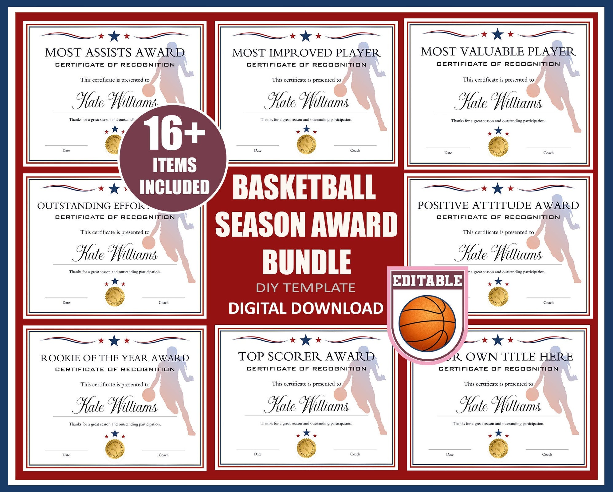 End of Season Basketball Award Certificates Red White Blue for Girls ...