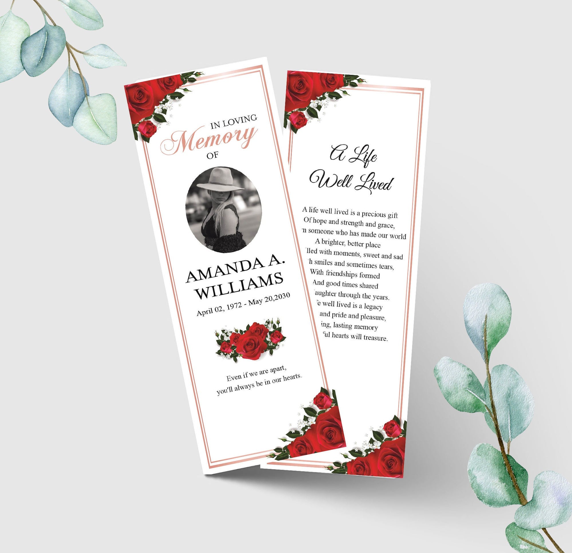 Editable Red Rose Obituary Funeral Keepsake Bookmark Template — Posh Park